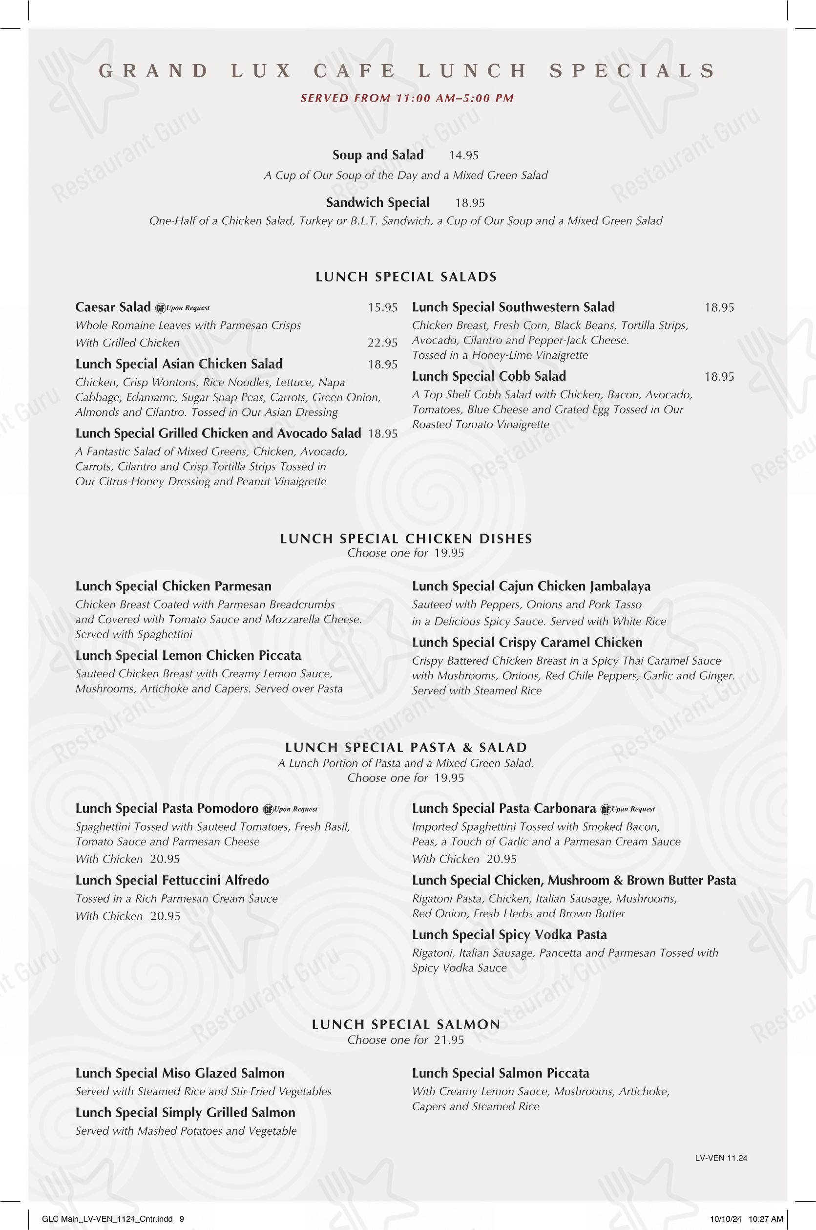 Menu at Grand Lux Cafe, Las Vegas, 3355 Las Vegas Blvd S