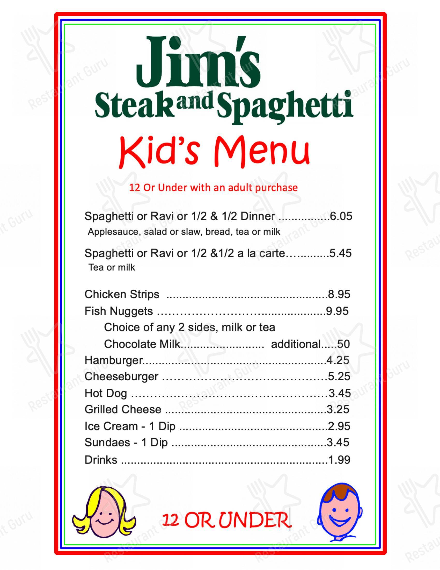 Menu at Jim's Steak & Spaghetti House restaurant, Huntington