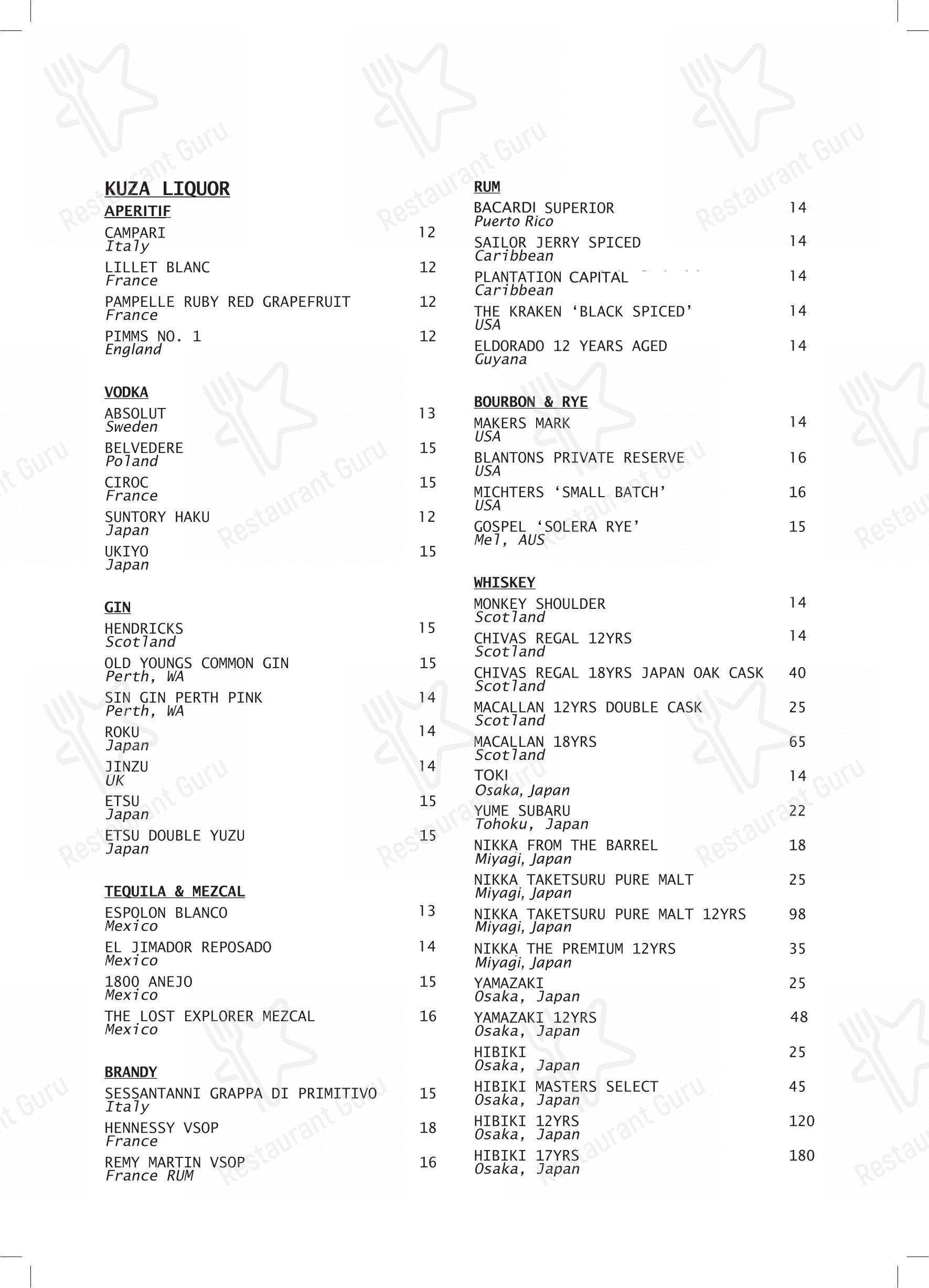 Menu at KUZA restaurant, Victoria Park, 393 Albany Hwy