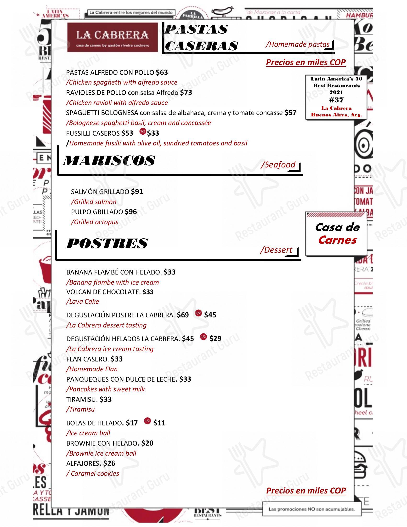 Carta de La Cabrera Bogotá l Parrilla Argentina Restaurante Zona G, Bogotá