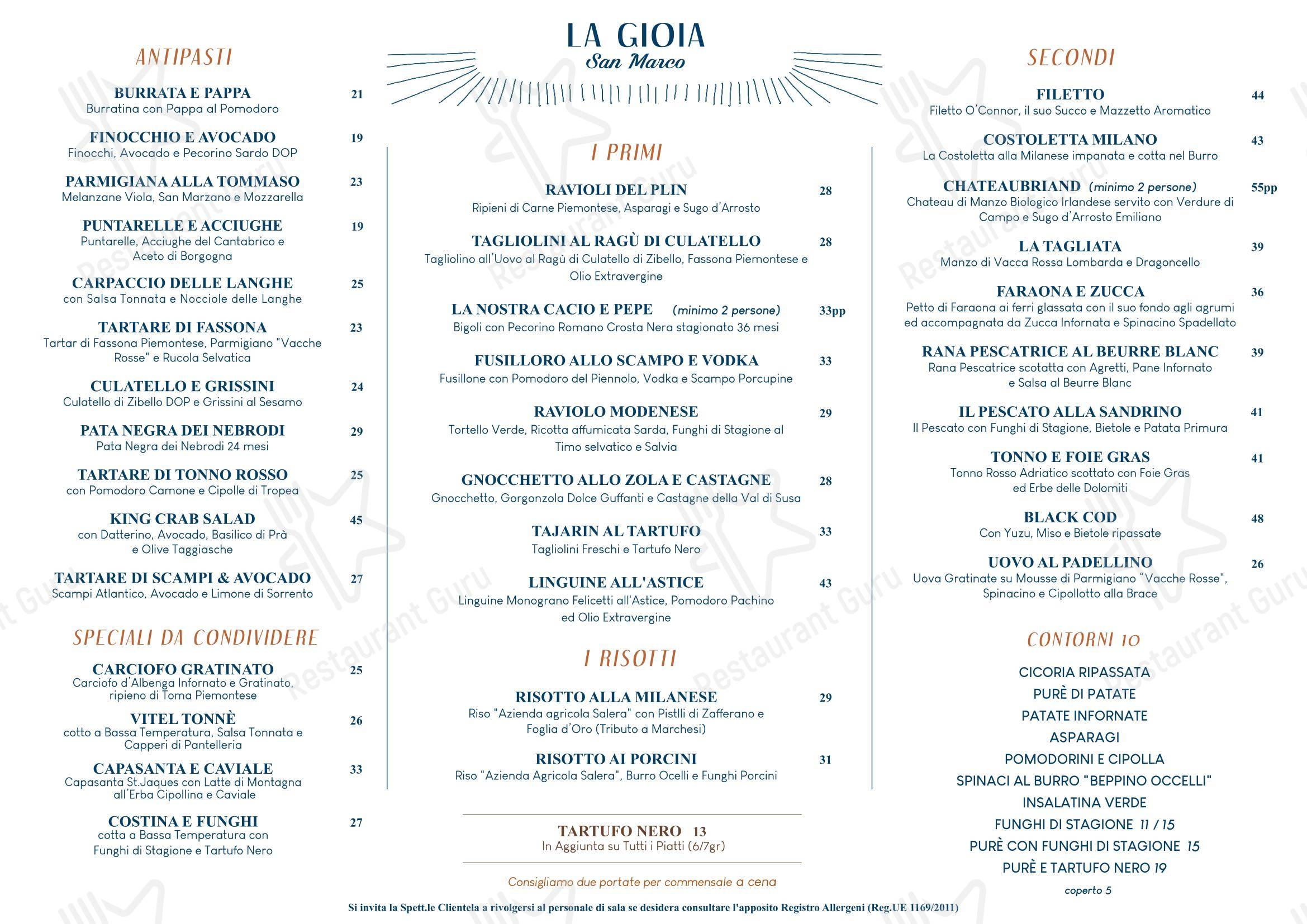Menu at La Gioia San Marco restaurant, Milan