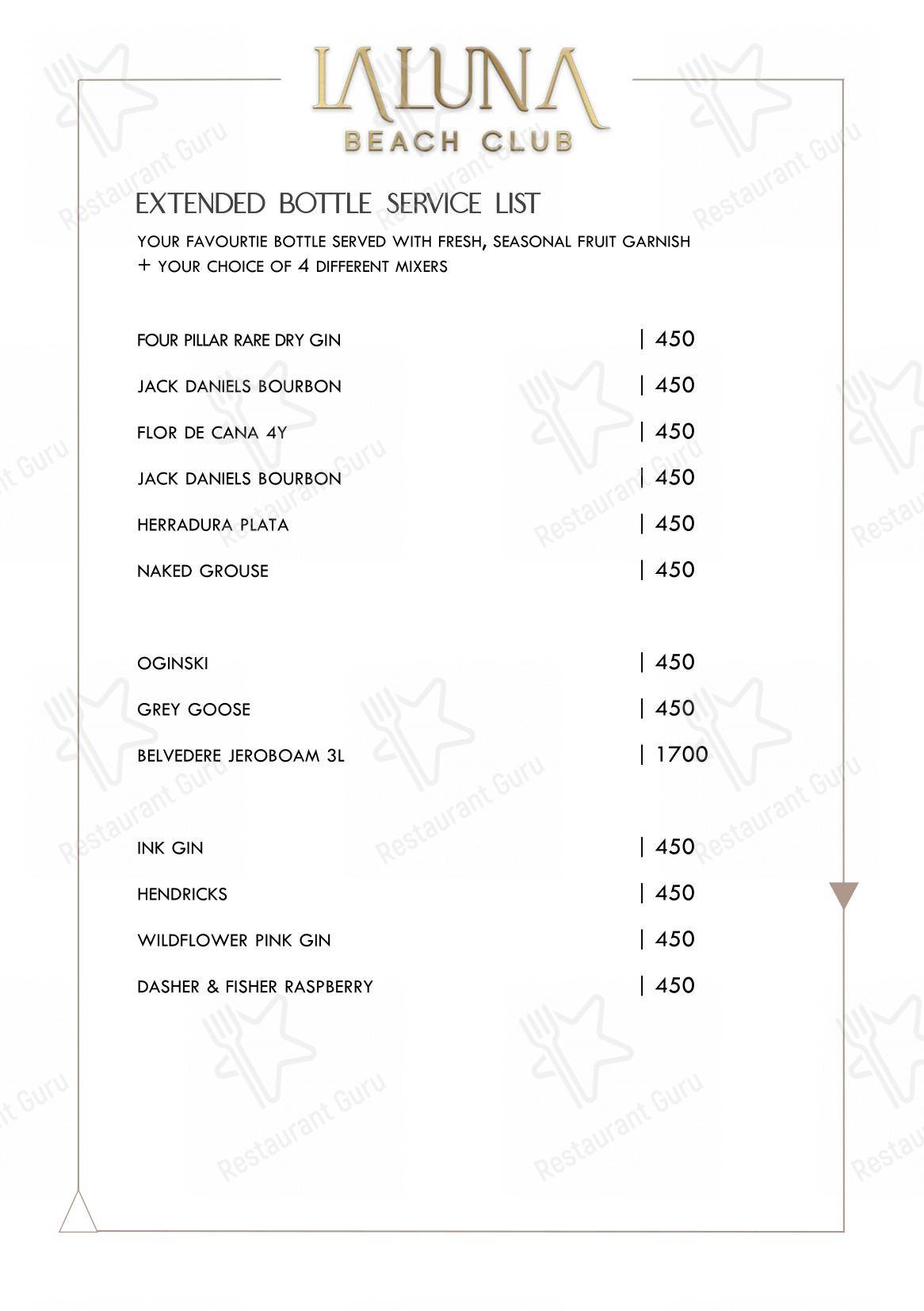 Menu at La Luna Beach Club, Main Beach