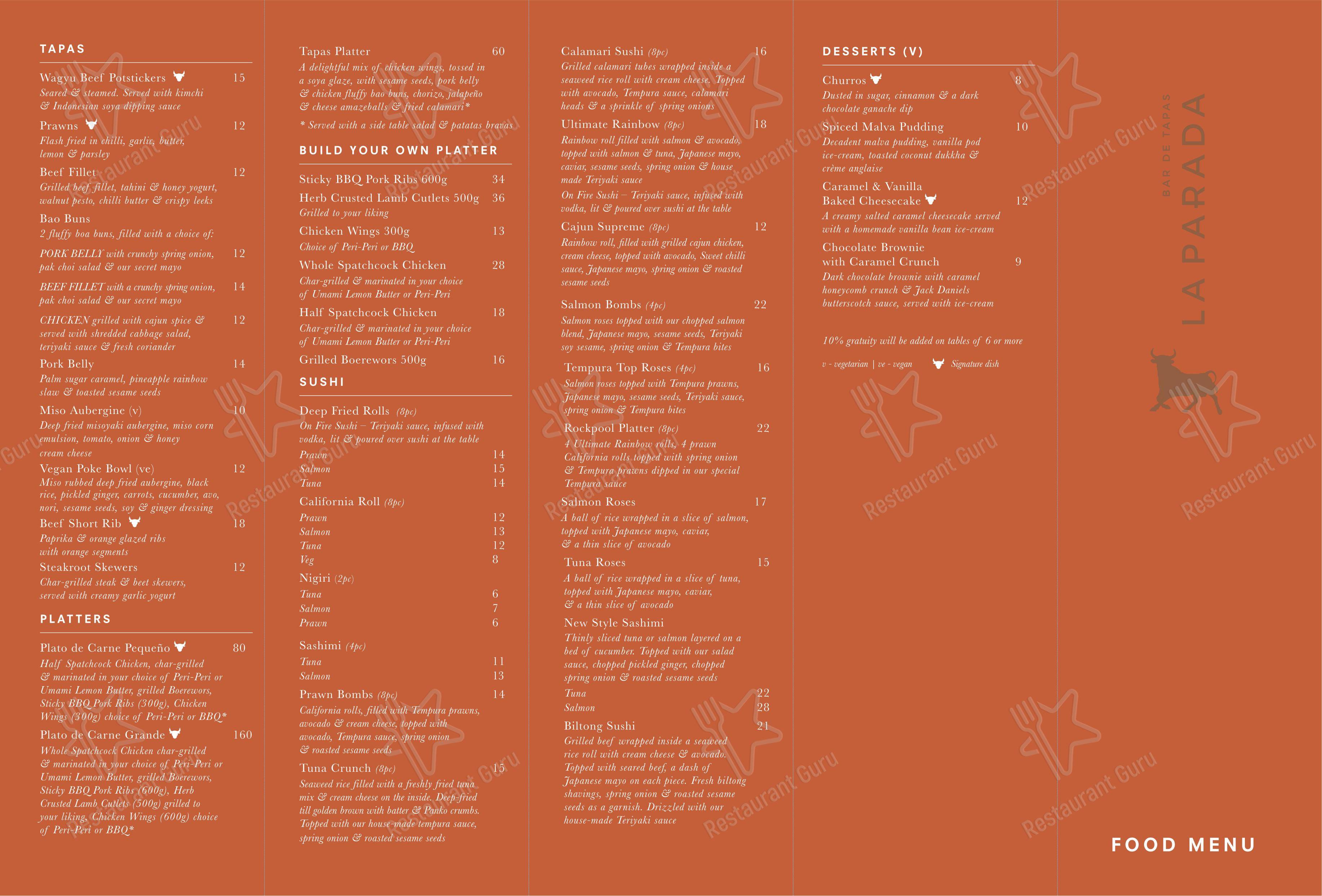 Menu at La Parada Emperors Palace restaurant, Kempton Park