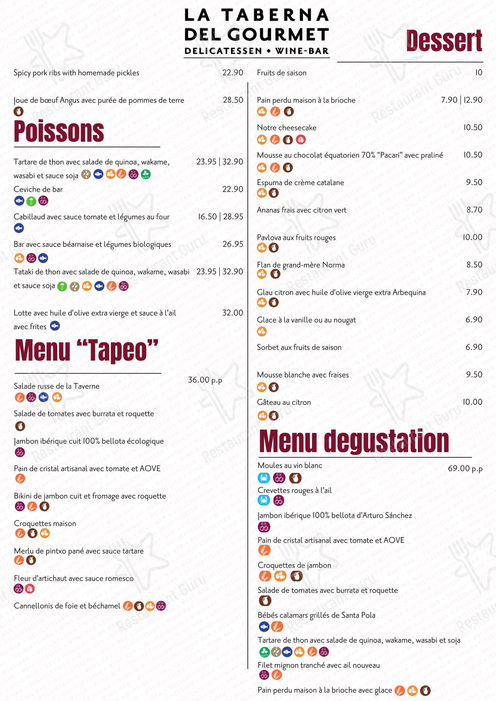 Menu at La Taberna del Gourmet restaurant, Alicante, C. San Fernando