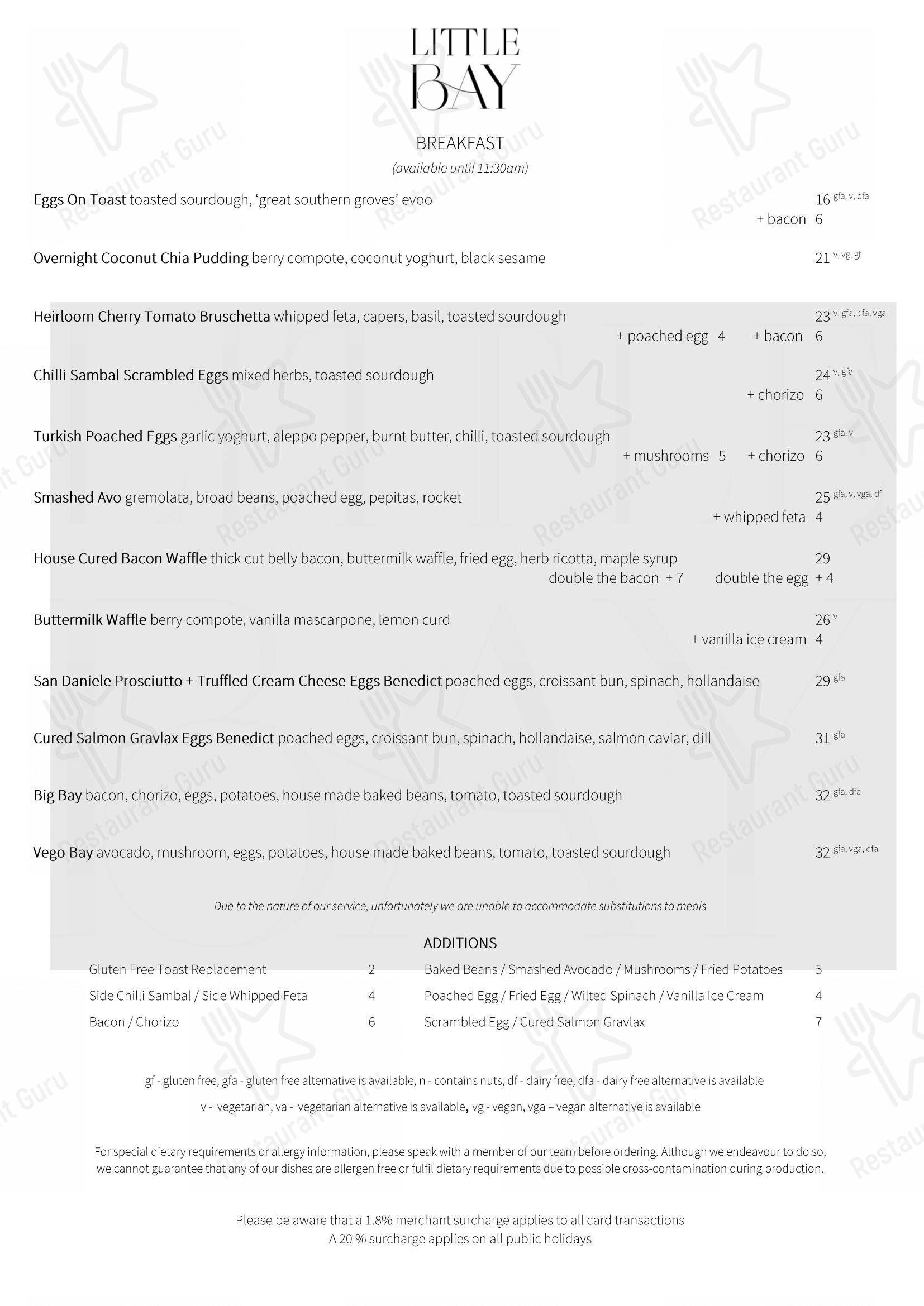 Menu at Little Bay Bar & Eatery, Watermans Bay