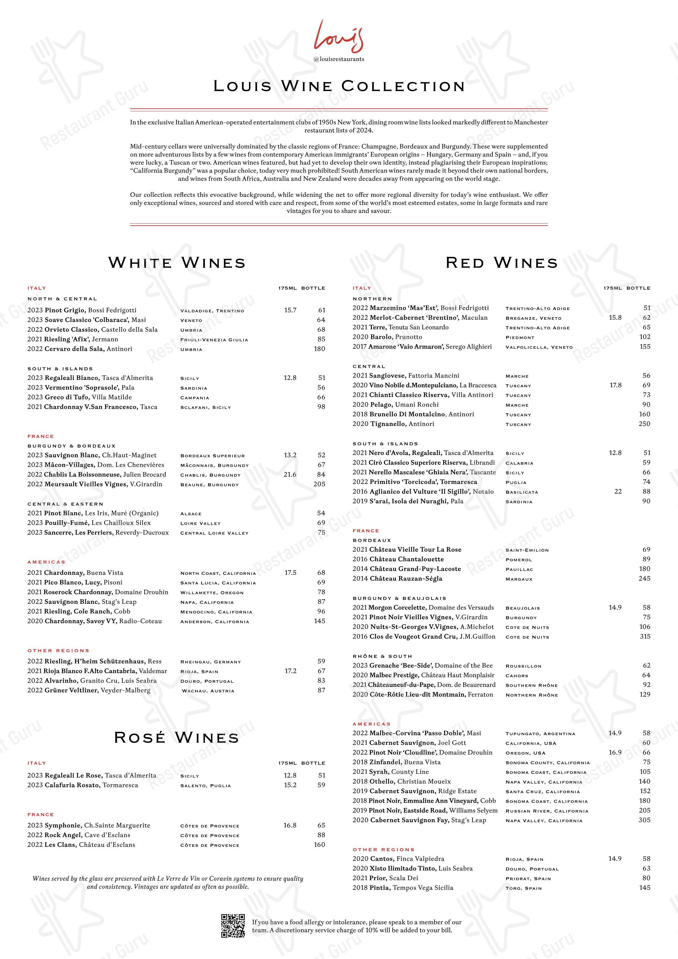 Menu at Louis Restaurant, Manchester