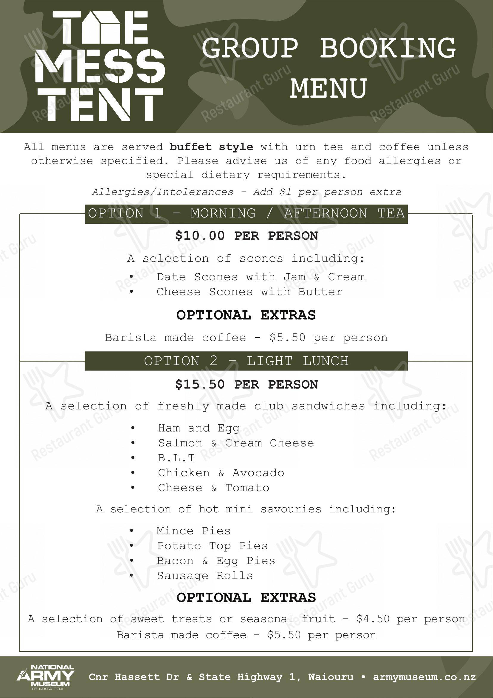 Menu at National Army Museum Cafe, Waiouru