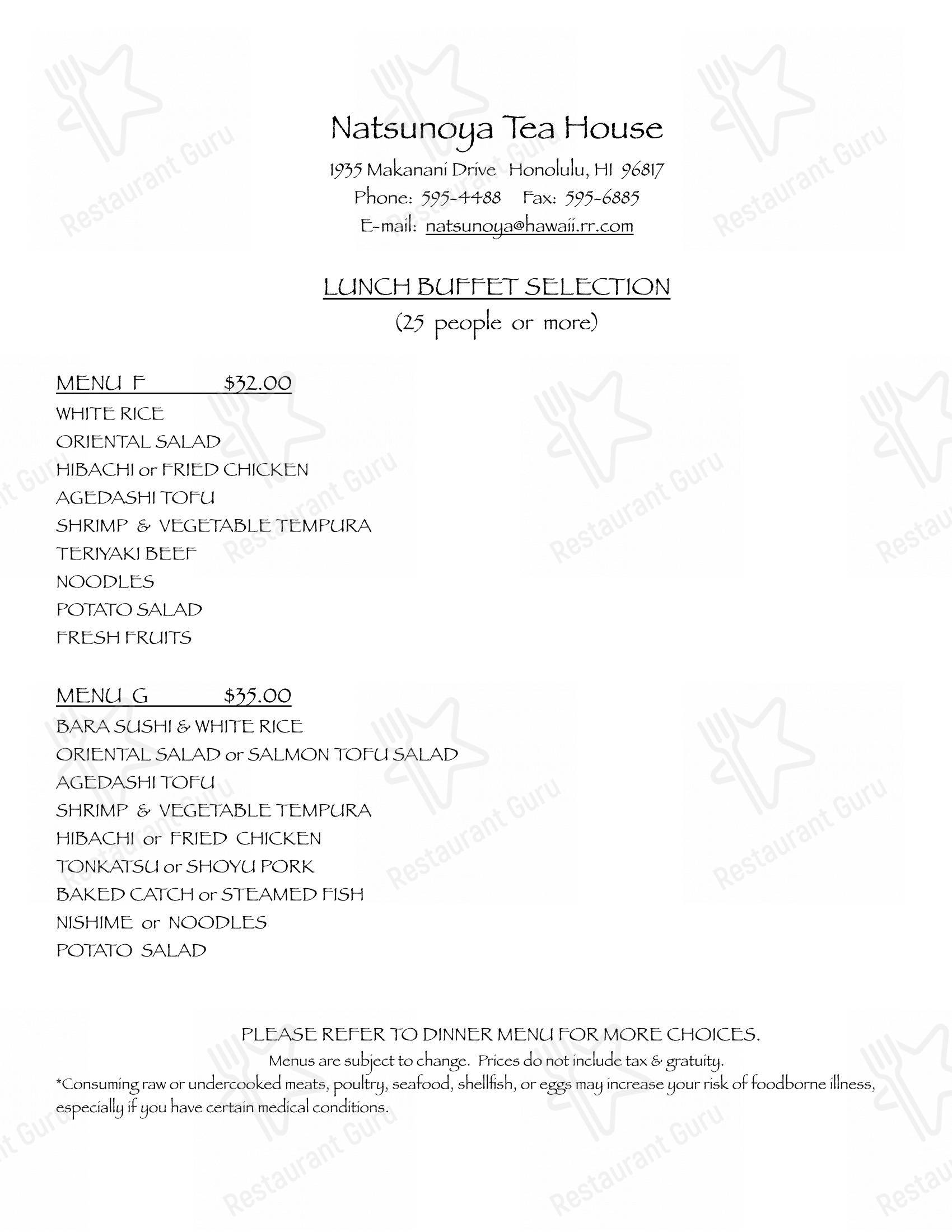 Menu at Natsunoya Tea House restaurant, Honolulu