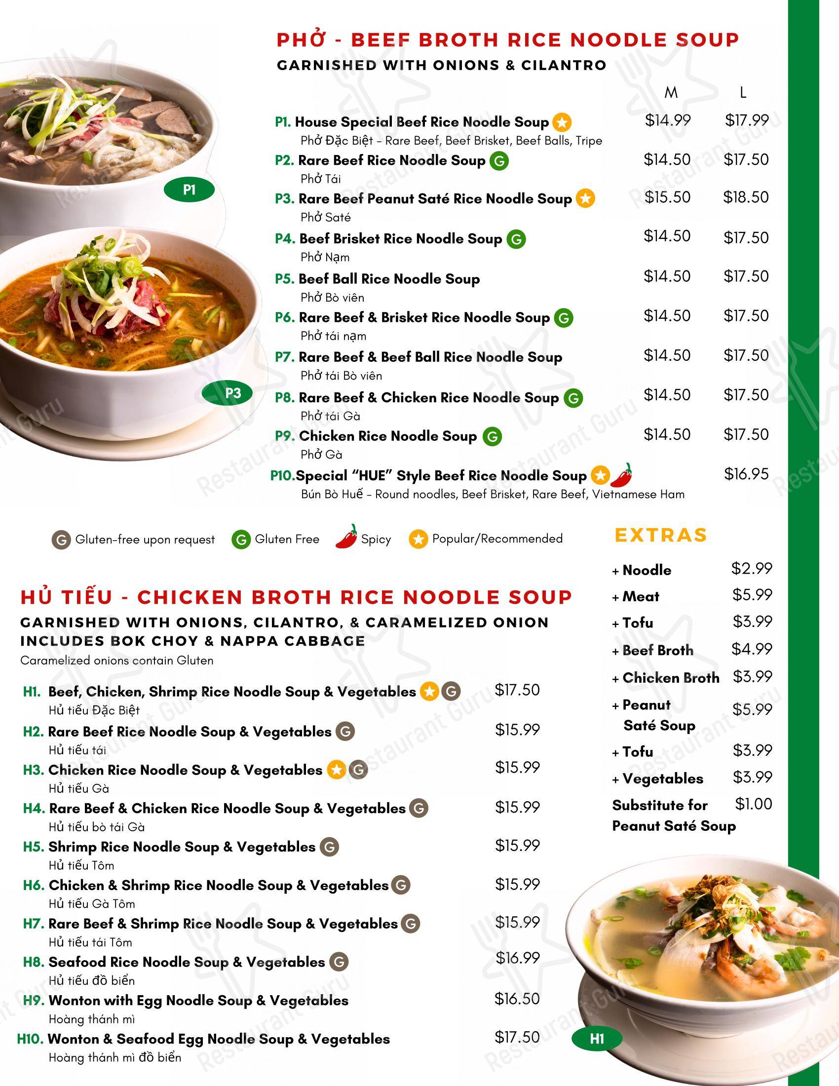 Menu at Pho Huydat Vietnamese Noodle House restaurant, Calgary