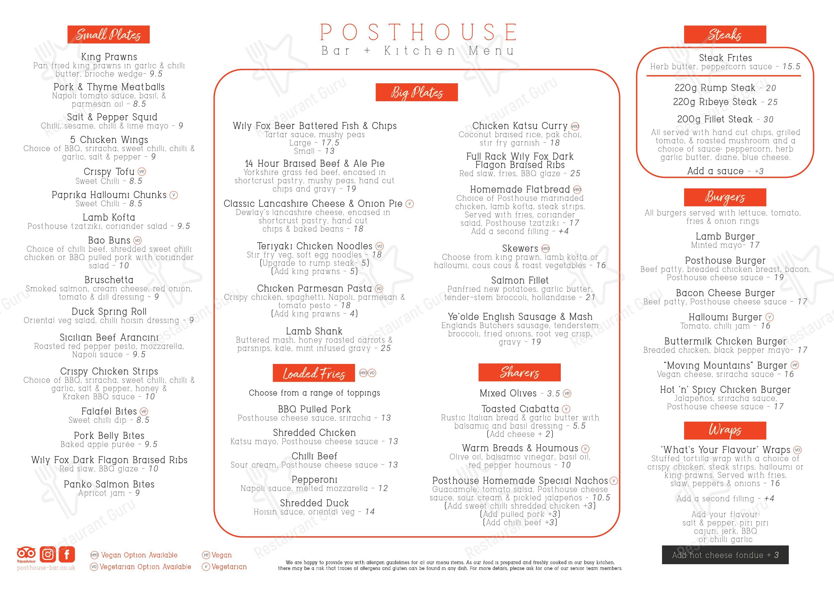 Menu at Posthouse restaurant, Wigan