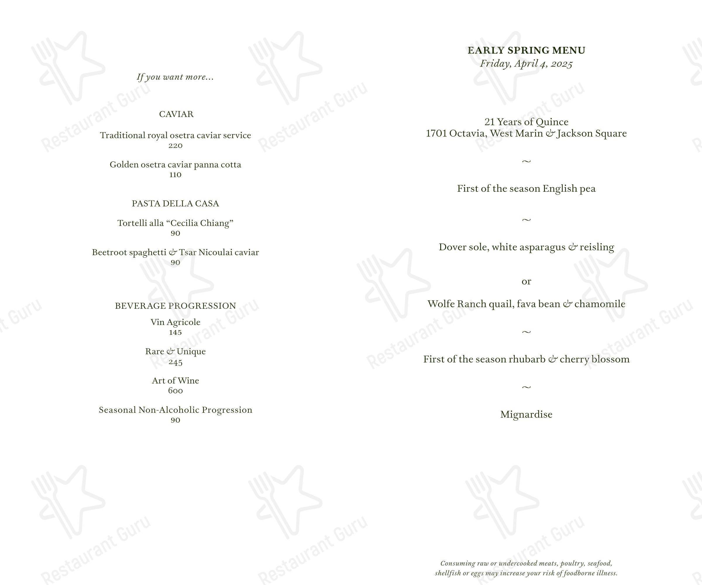 Menu at Quince restaurant, San Francisco