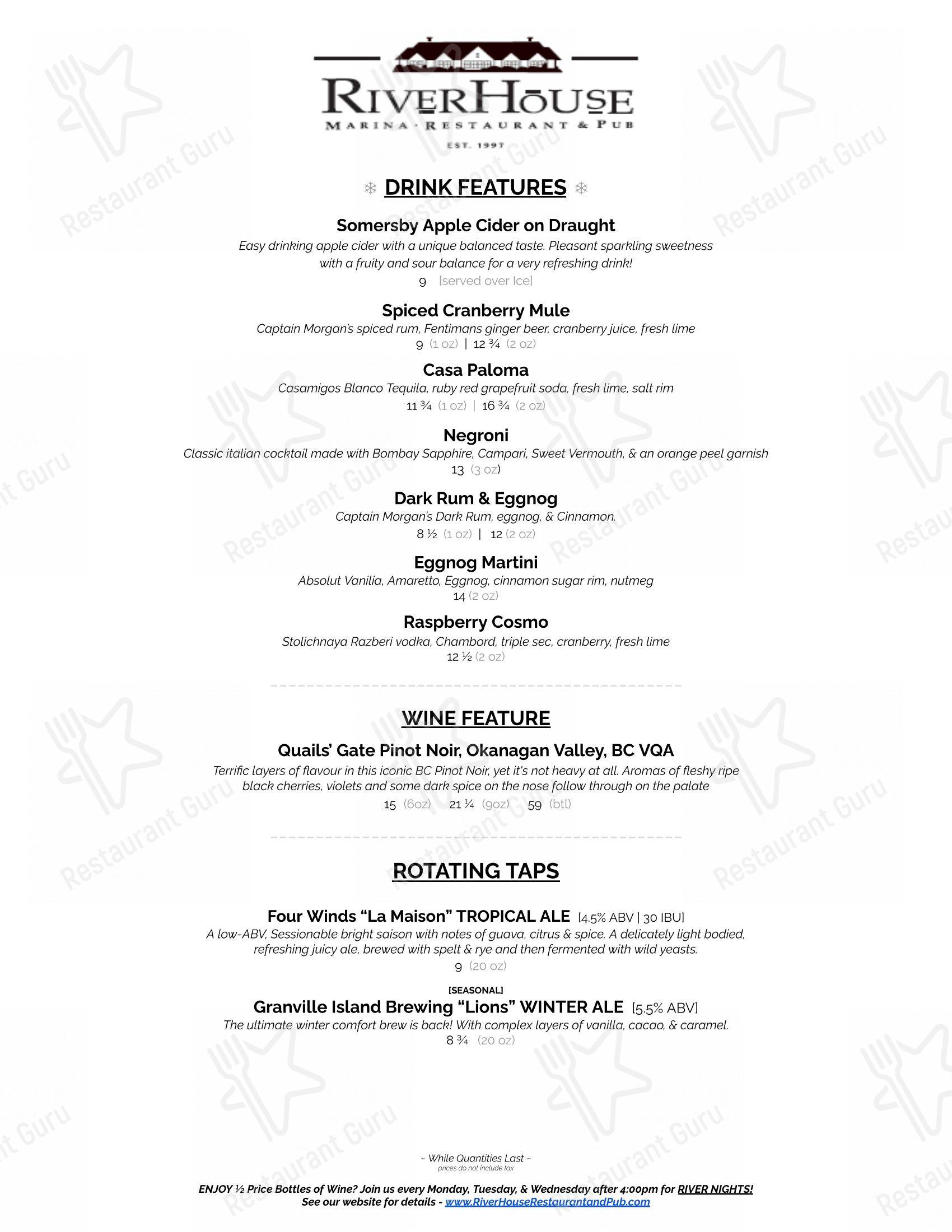 Menu at RiverHouse Restaurant & Pub, Delta, River Rd