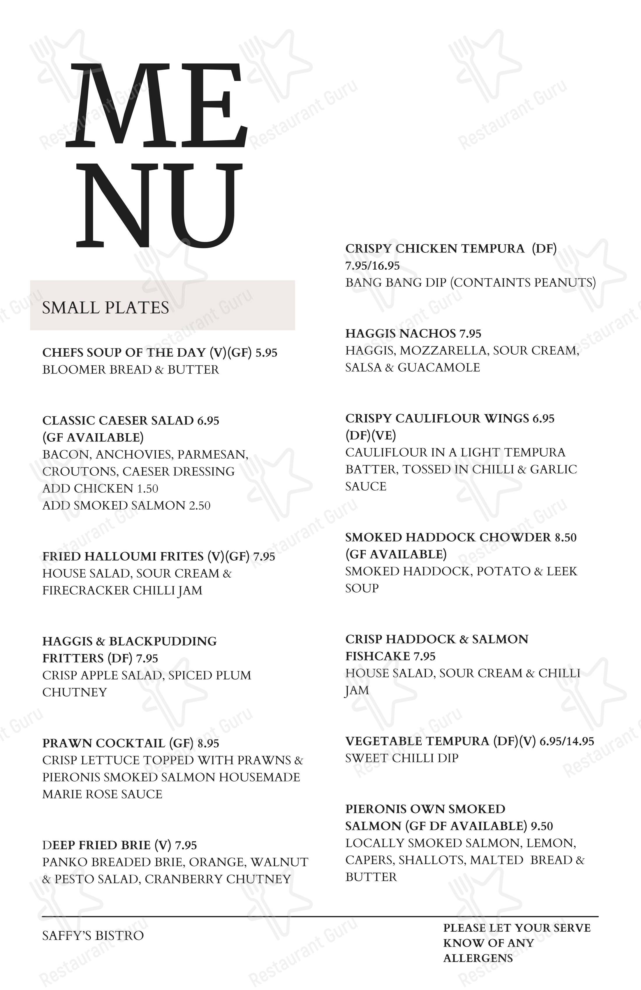 Menu at Saffy's Bistro restaurant, Ayr