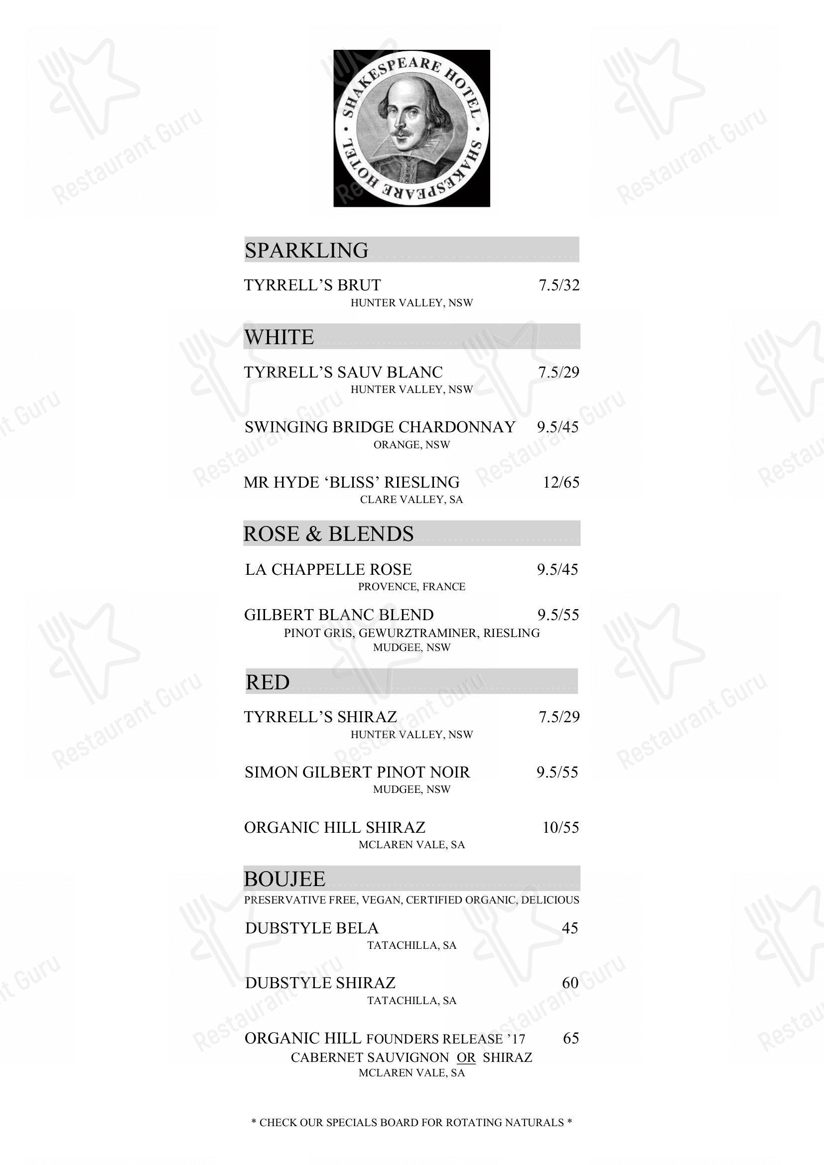 Menu at Shakespeare Hotel pub & bar, Surry Hills