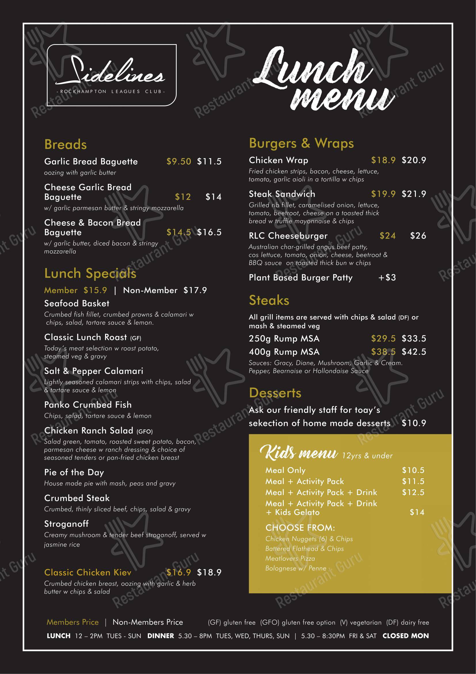 Menu at Sidelines Bistro restaurant, Rockhampton City