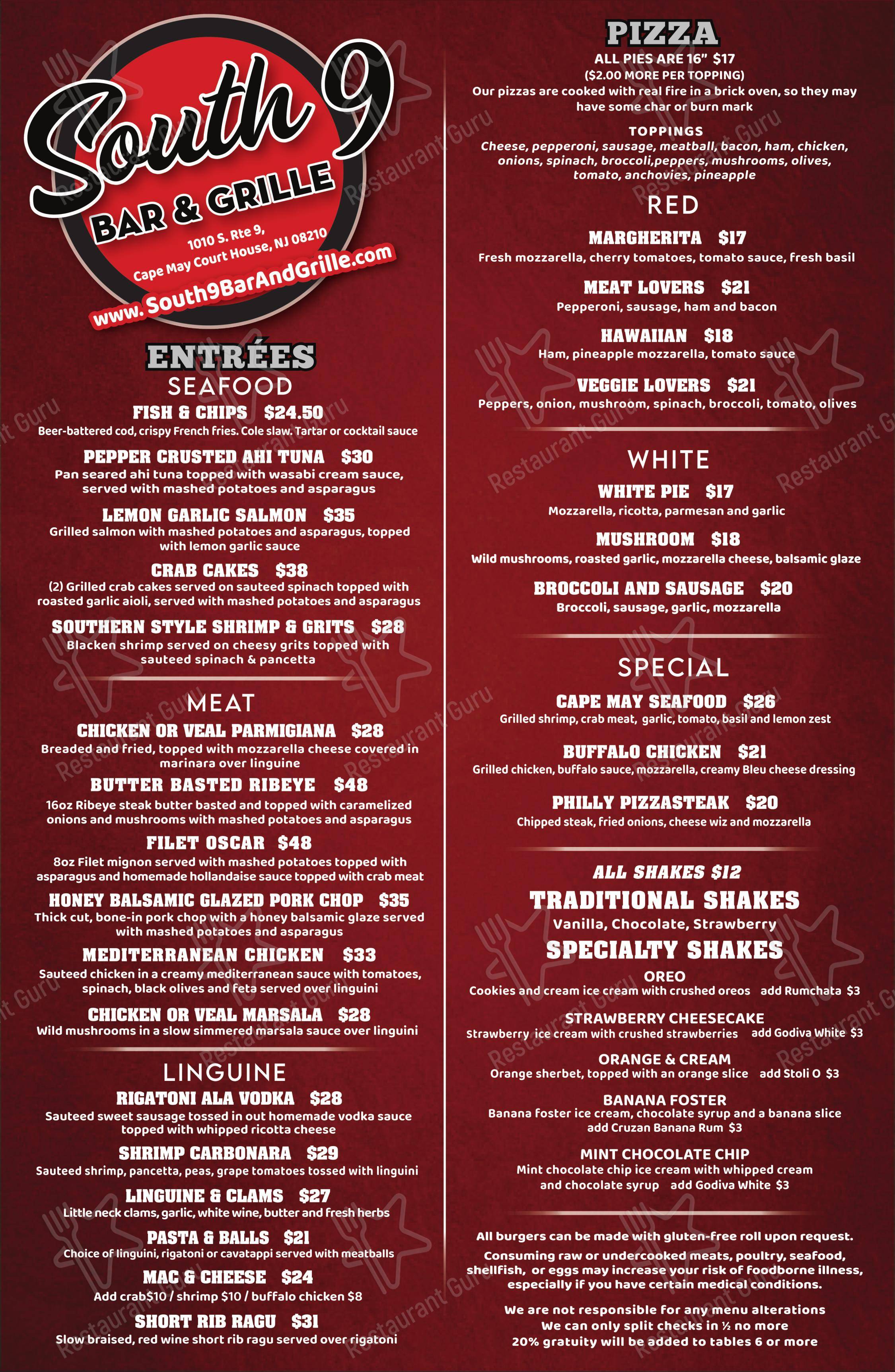 Menu at South 9 Bar and Grille, USA