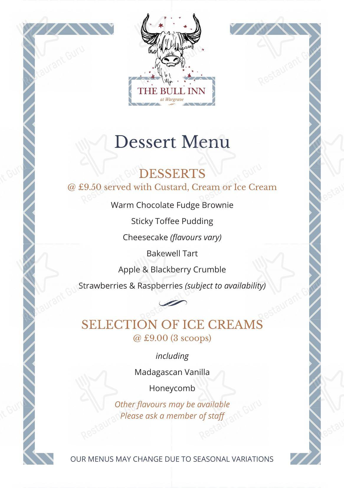 Menu at The Bull Hotel & Public House, Wargrave