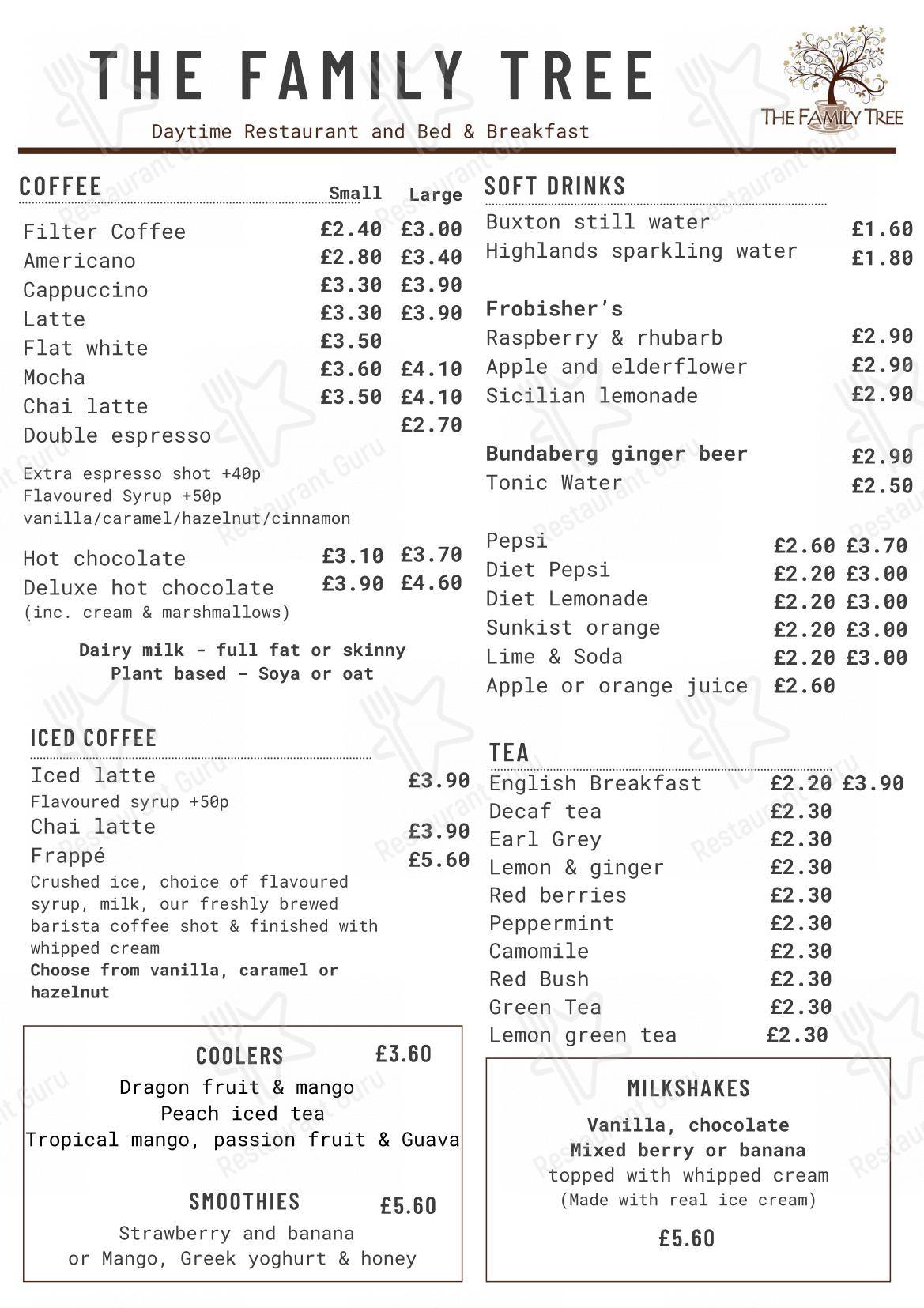 Menu at The Family Tree restaurant, Crich