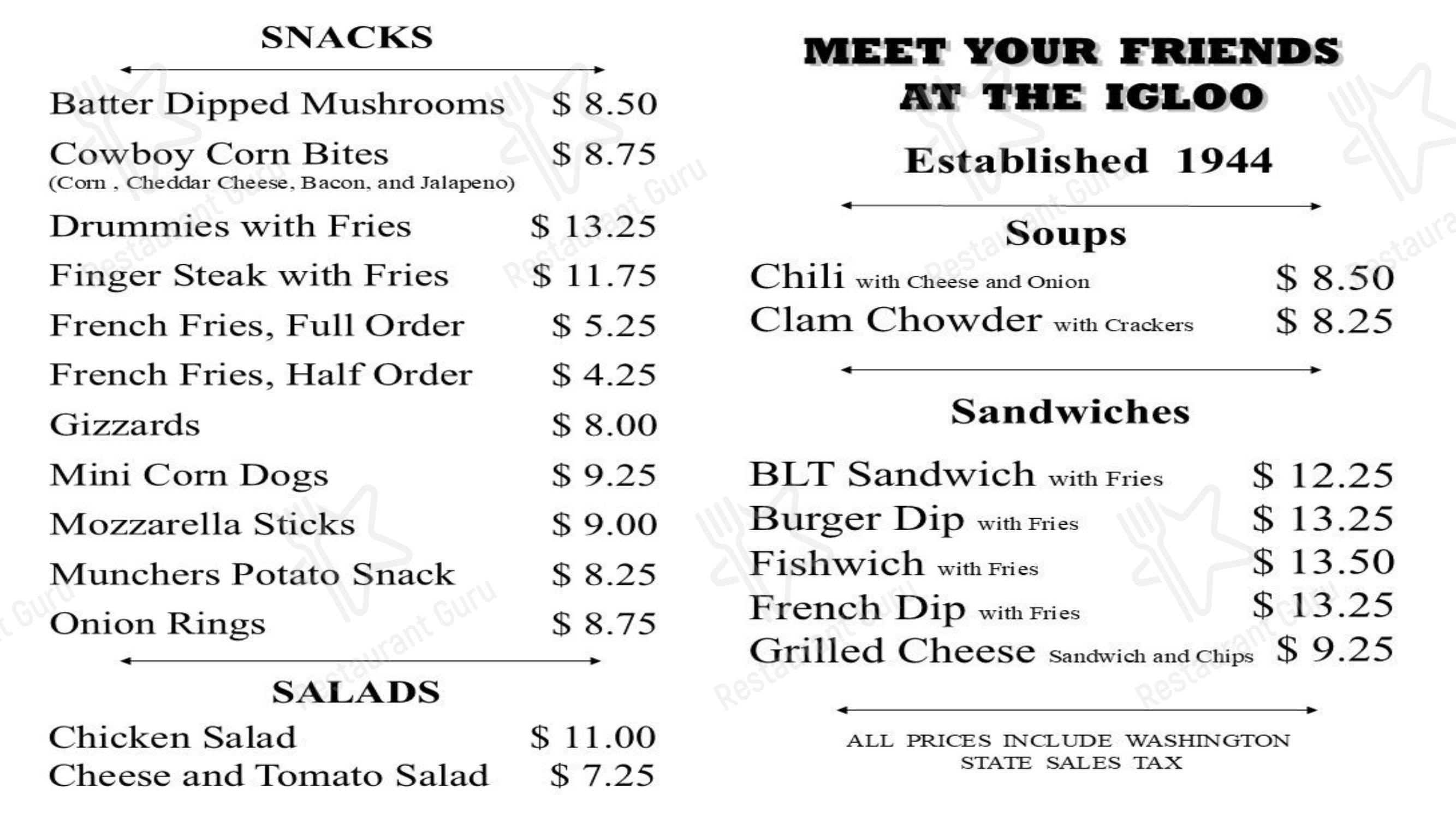 Menu at The Igloo pub & bar, Wenatchee, N Miller St