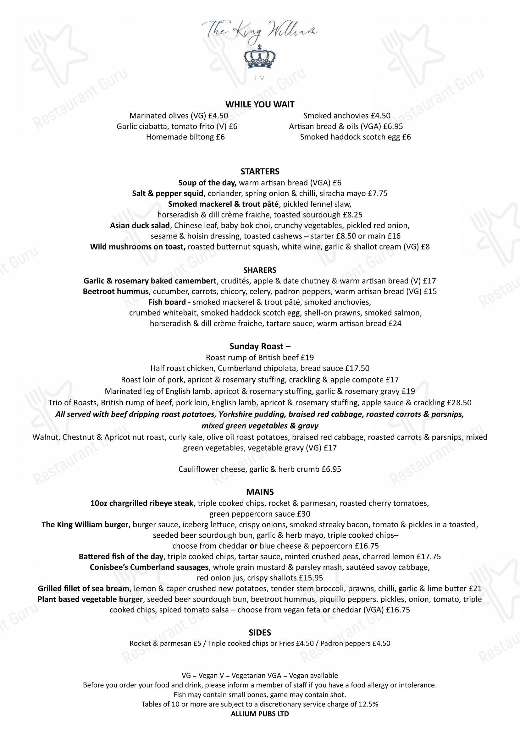 Menu at The King William IV Pub, East Horsley