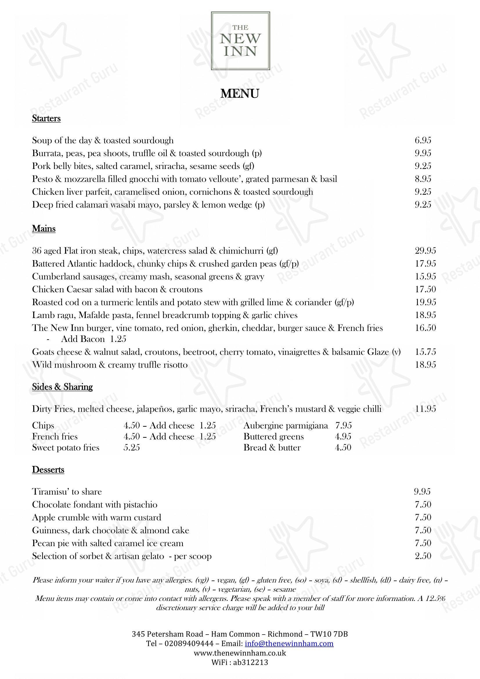 Menu at The New Inn Ham Common pub & bar, Richmond, Petersham Rd