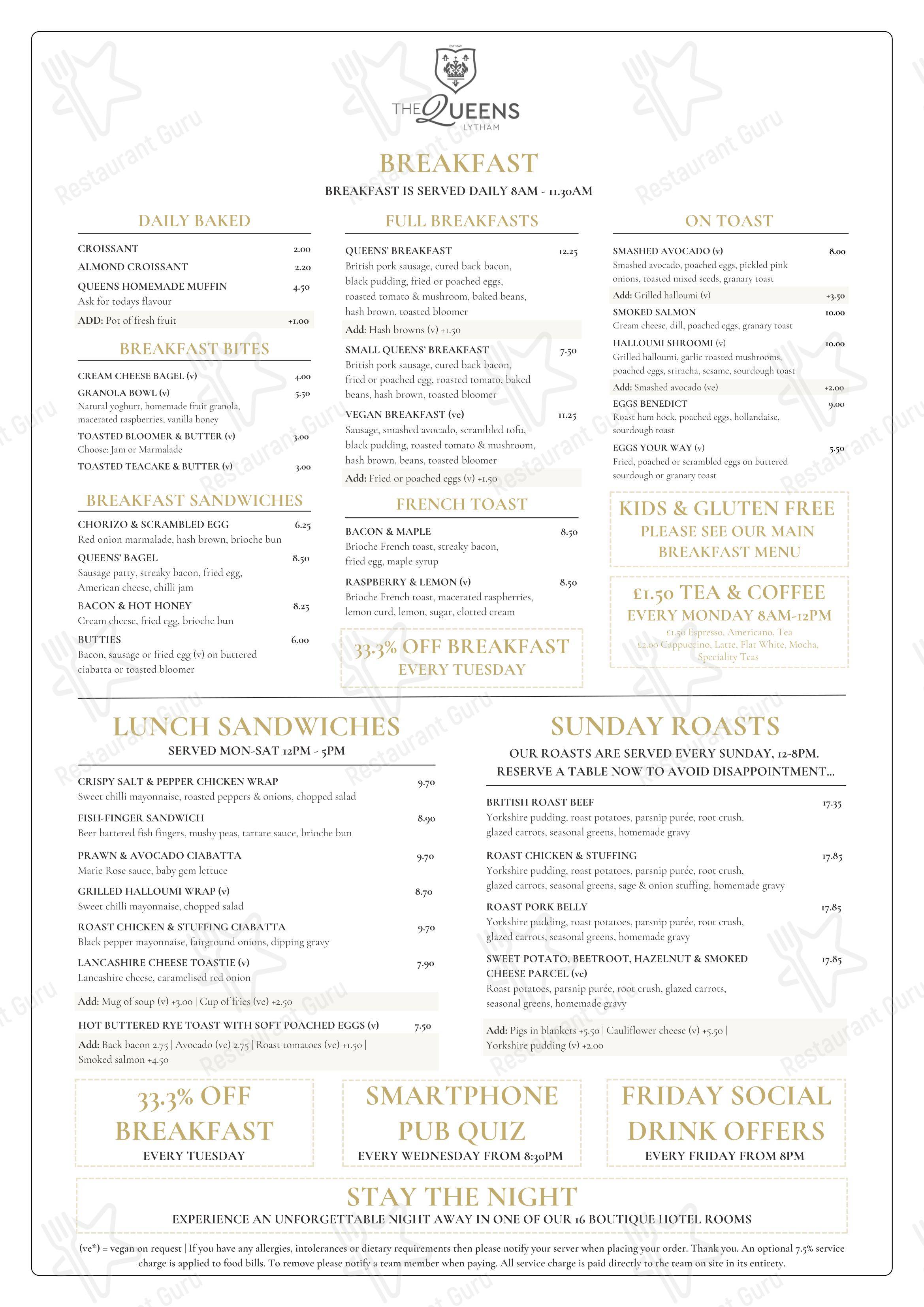 Menu at The Queens Hotel pub & bar, Lytham Saint Annes
