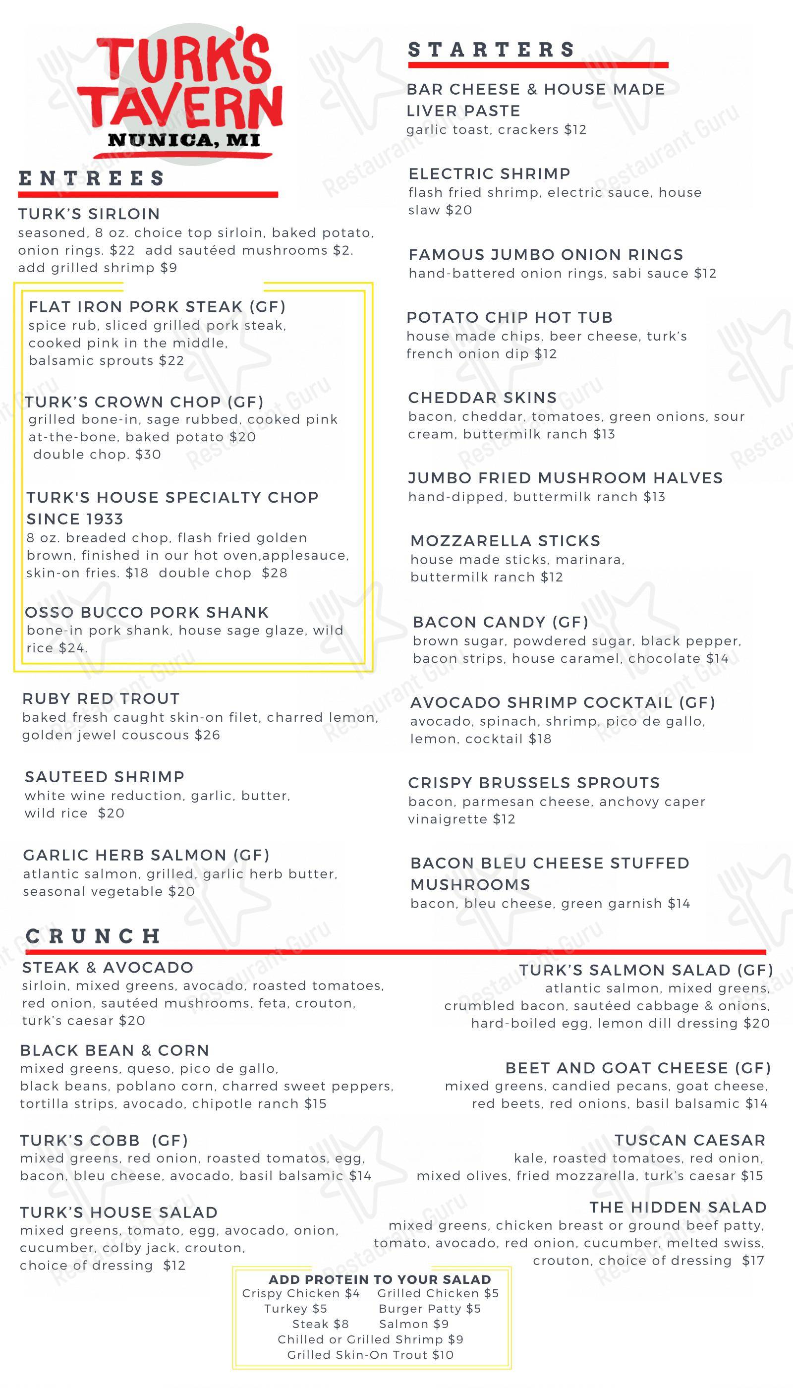 Menu at Turk's Tavern restaurant, Nunica