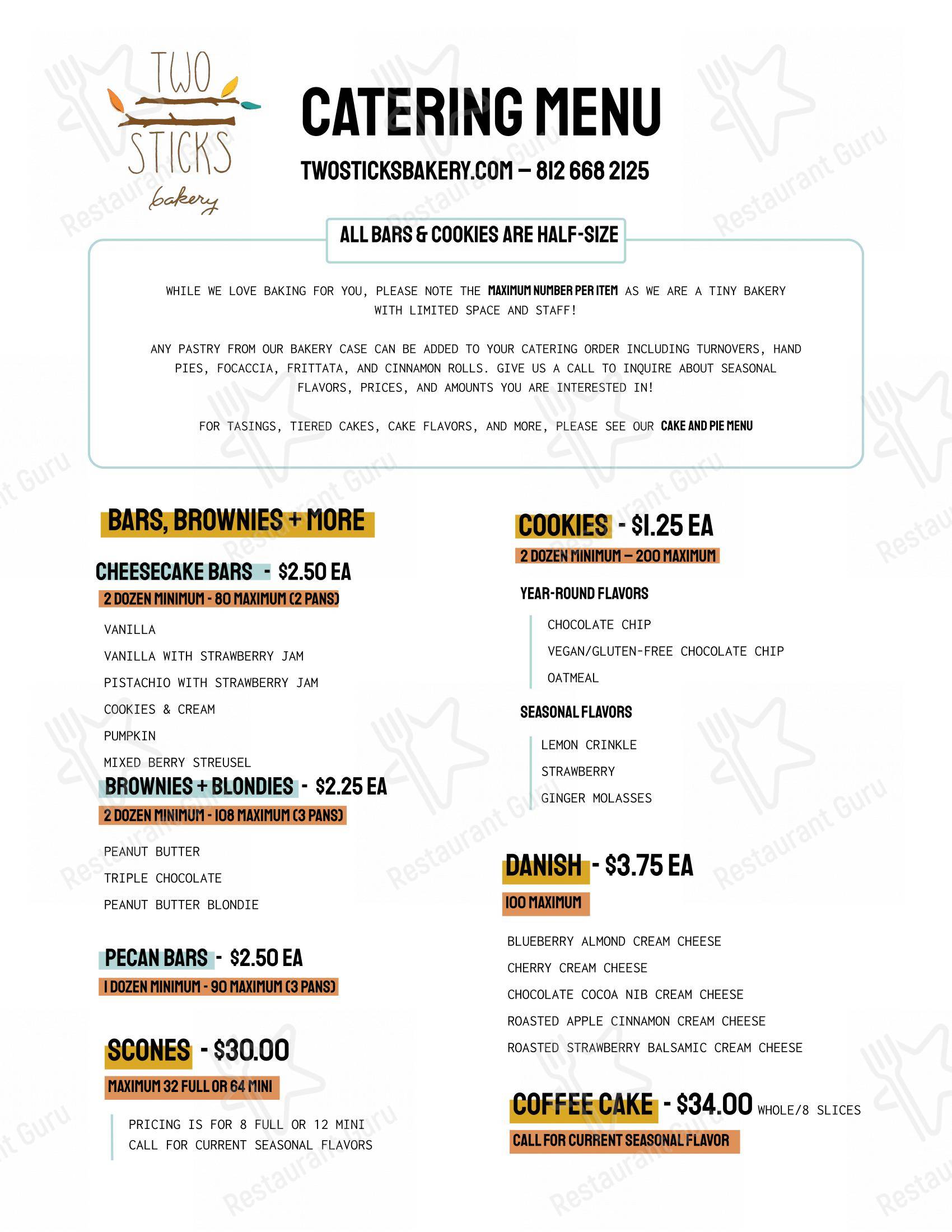 Menu at Two Sticks Bakery, Bloomington