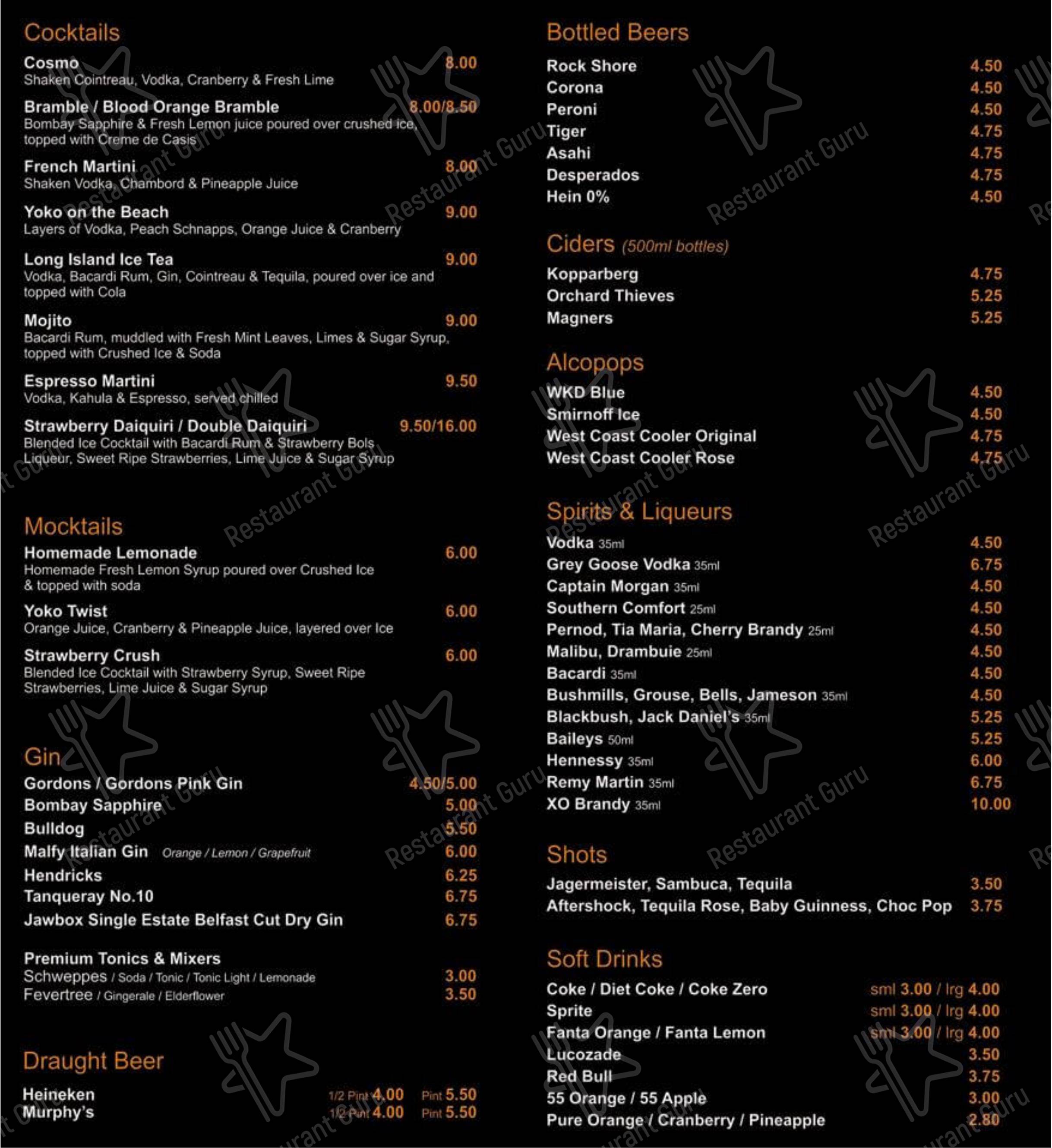 Menu at Yoko at the Jet Centre restaurant, Coleraine