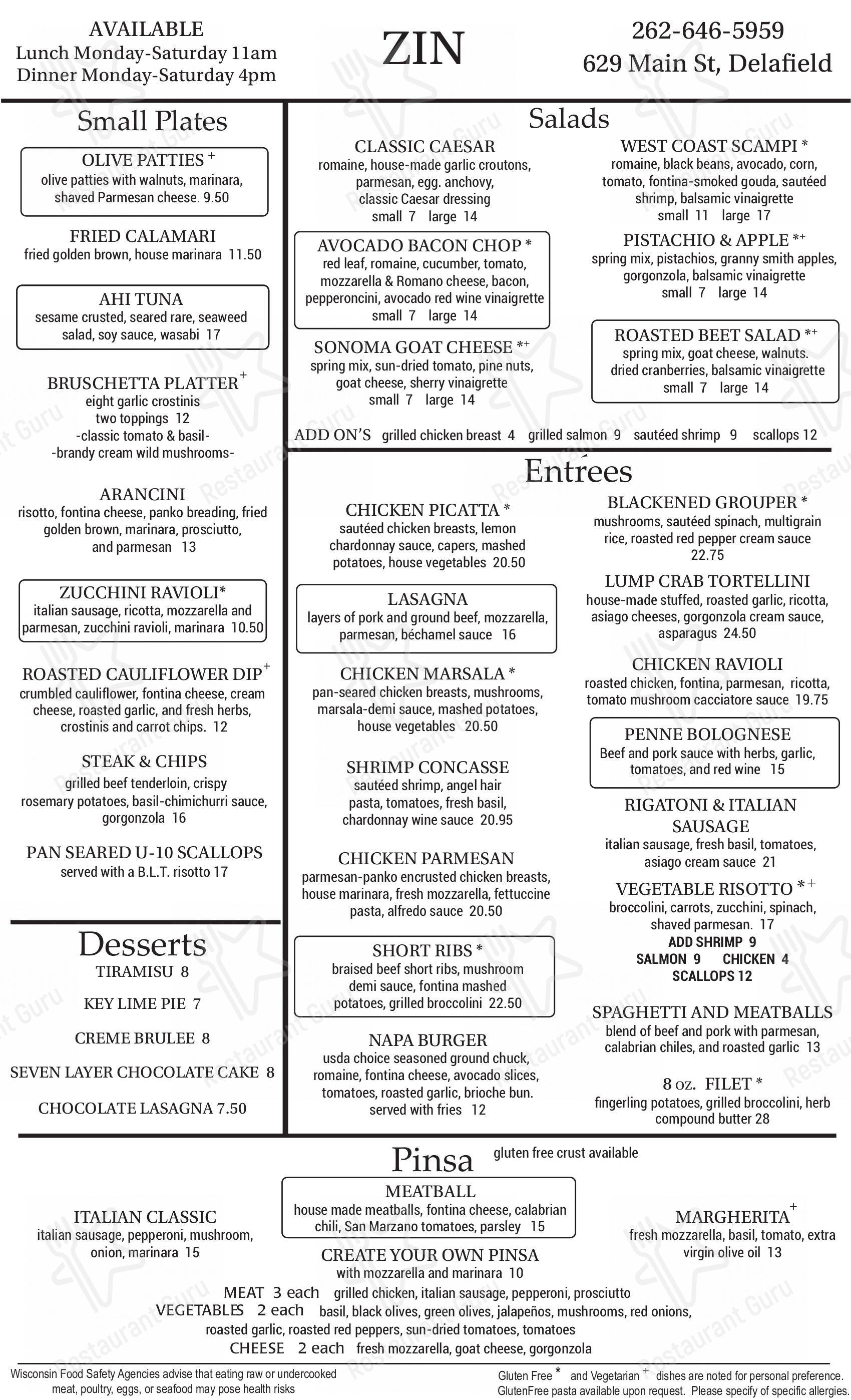 Menu at Zin - Uncommon California Italian pub & bar, Delafield