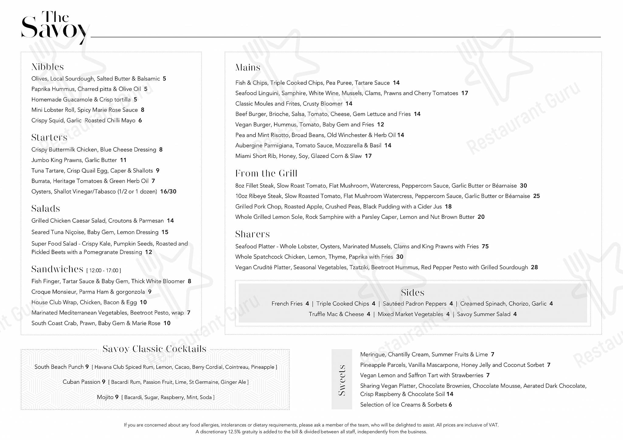 Menu at The Nici restaurant, Bournemouth