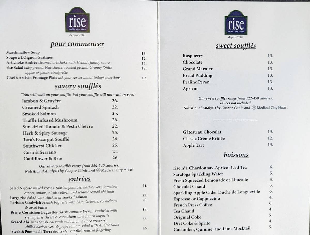 Menu at rise soufflé - Dallas pub & bar, Dallas