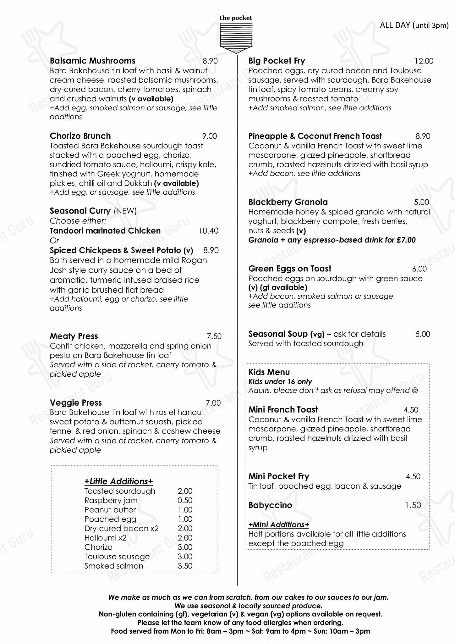 Menu at The Pocket, Belfast, 69 University Road