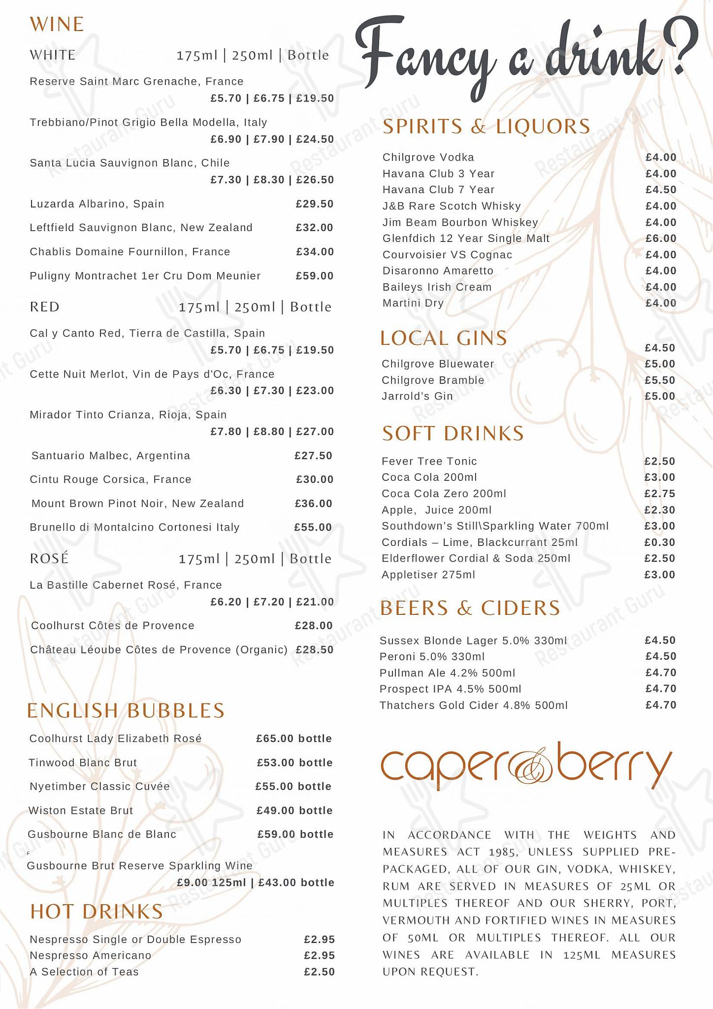 Menu at Minerva Bar, Chichester