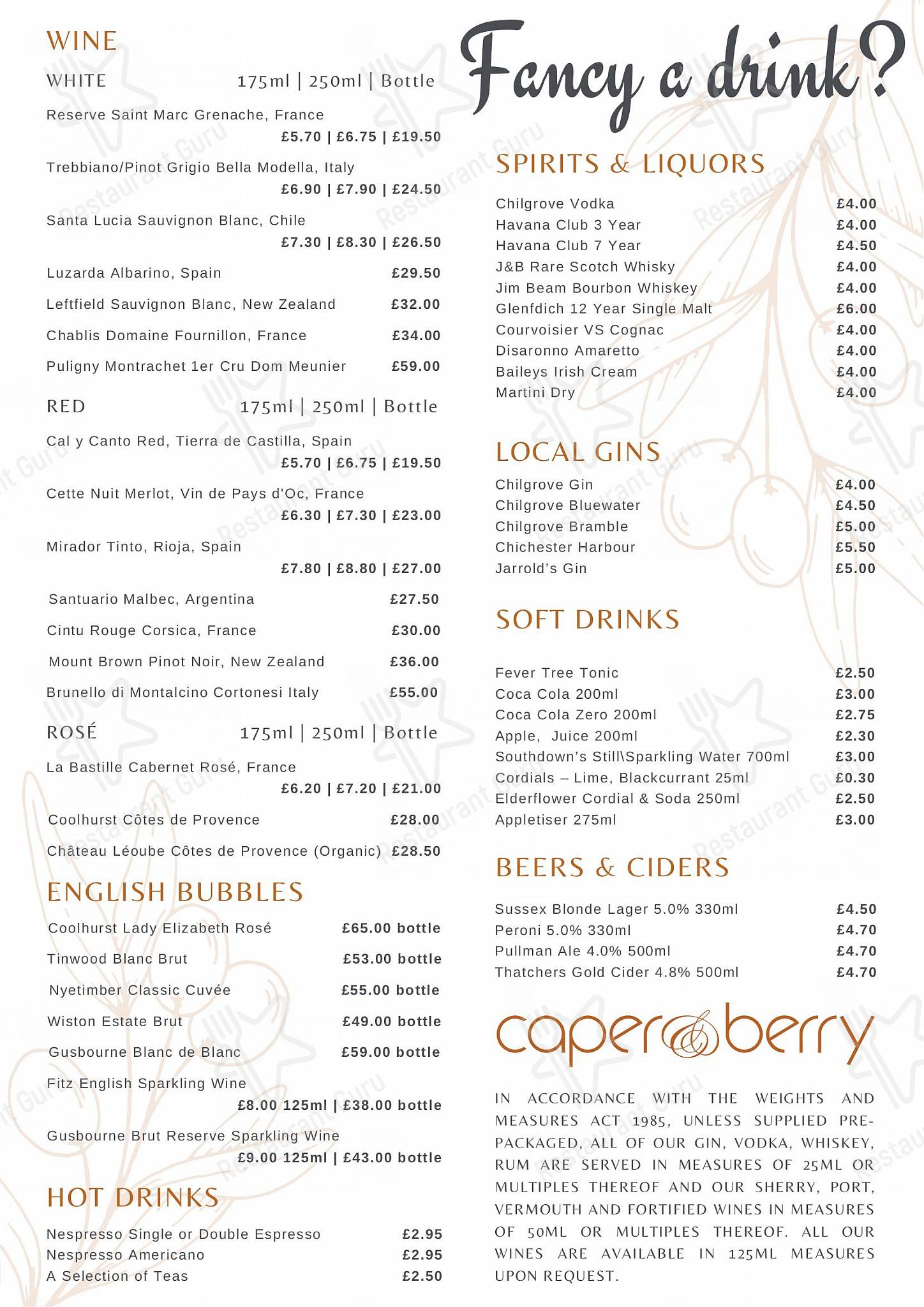 Menu at Minerva Bar, Chichester