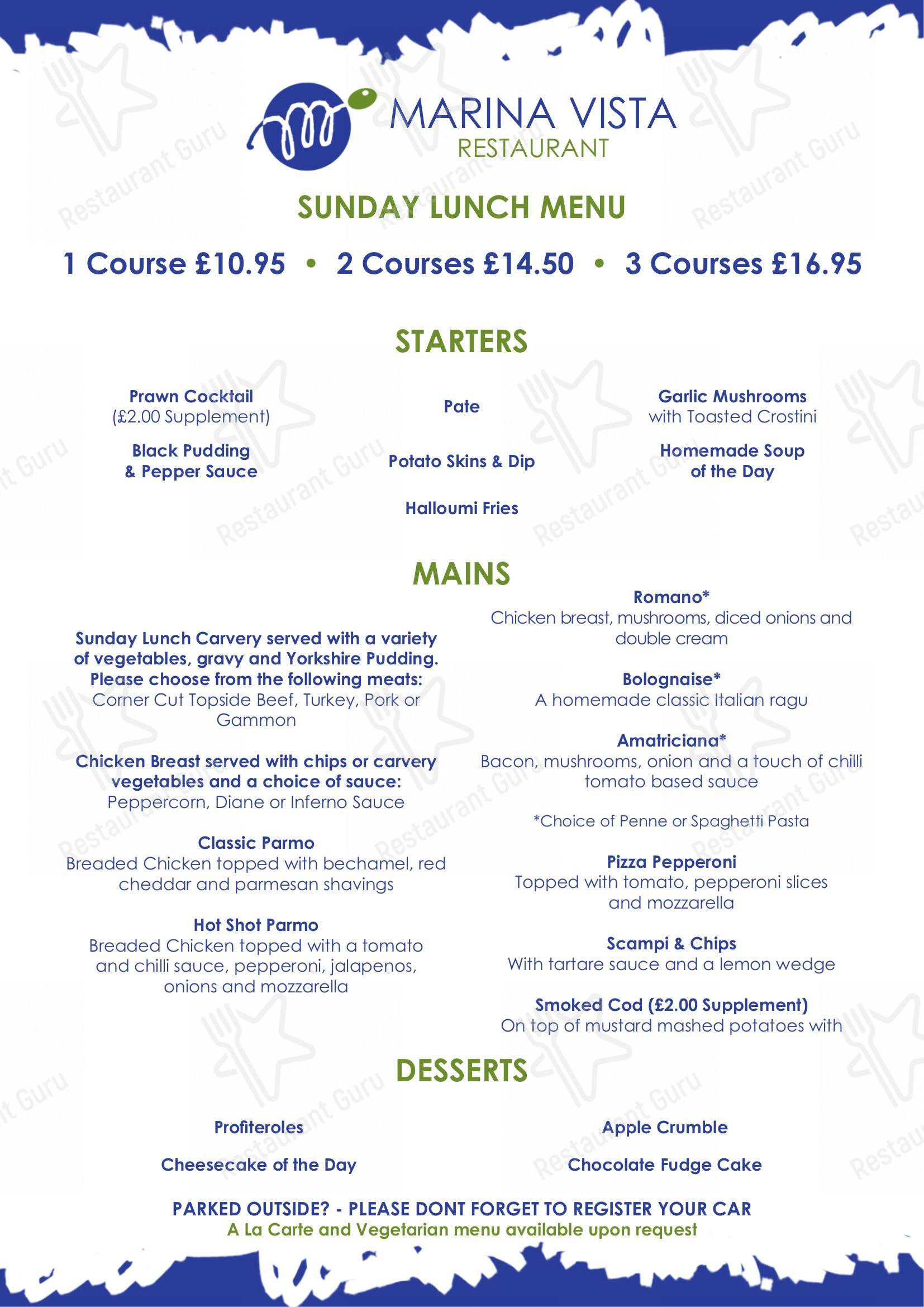 Menu at Marina Vista restaurant, Sunderland