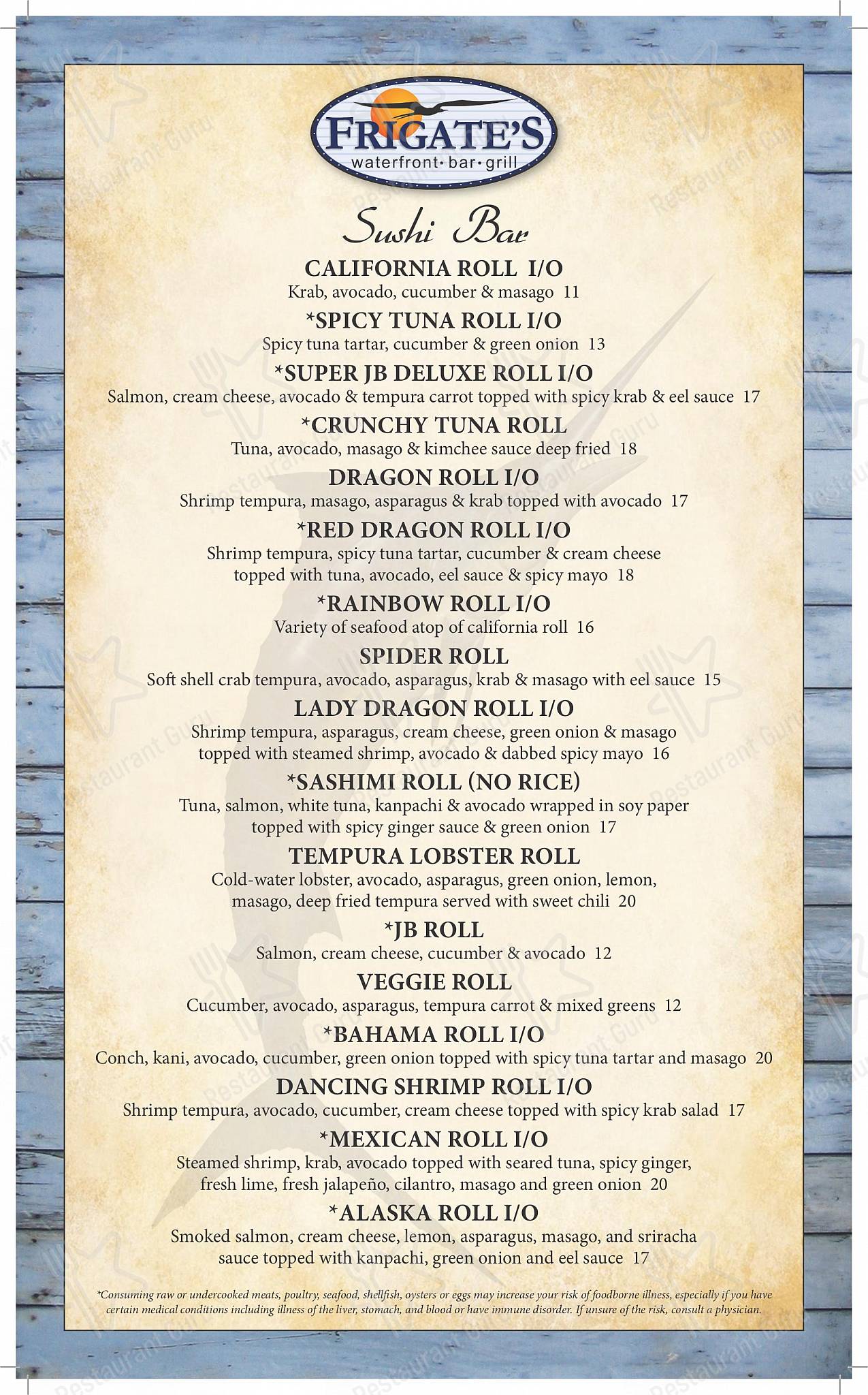 Menu at Frigate's Waterfront Bar & Grill - Melbourne, Melbourne