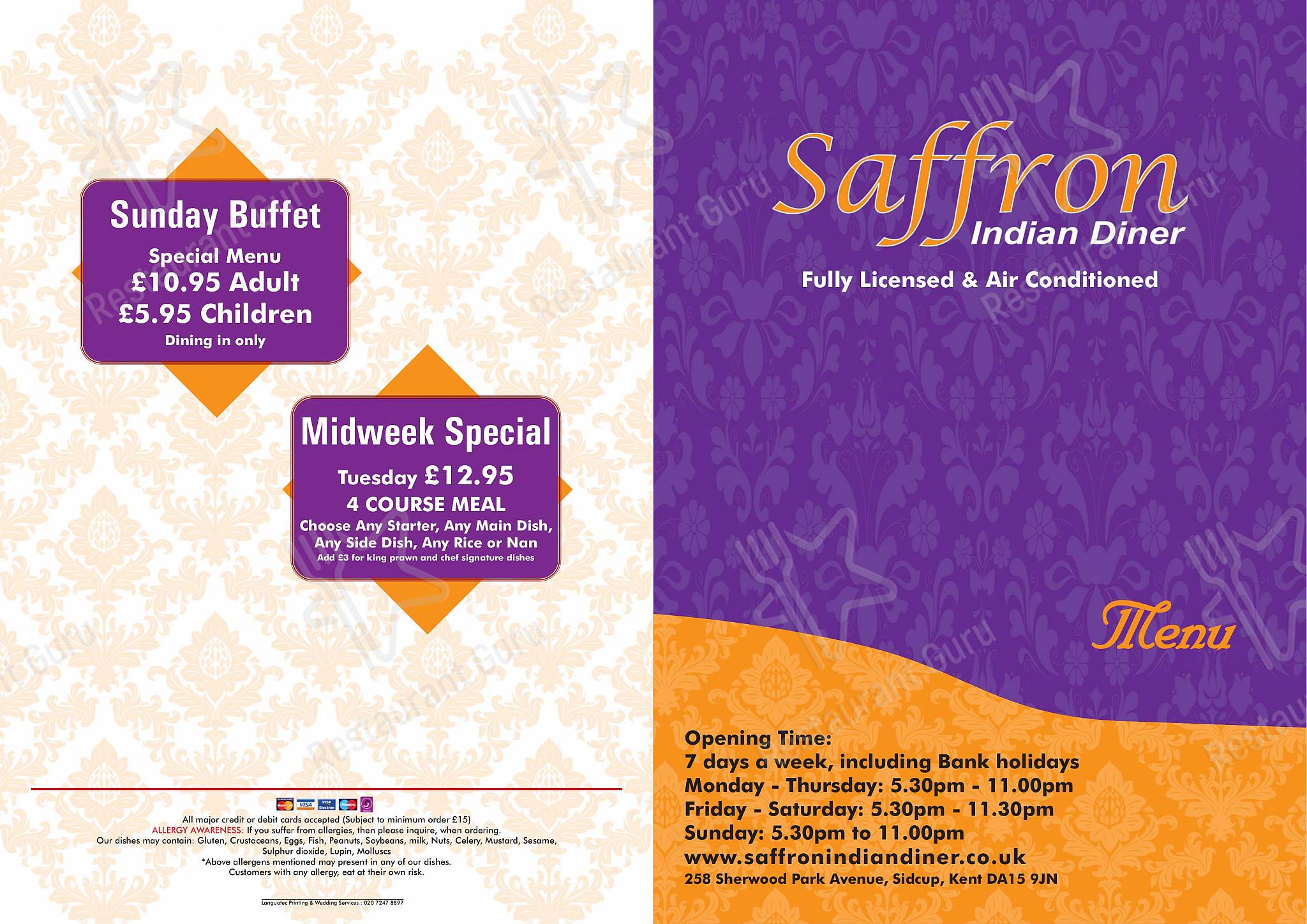 Menu at Saffron Indian Diner restaurant, Sidcup