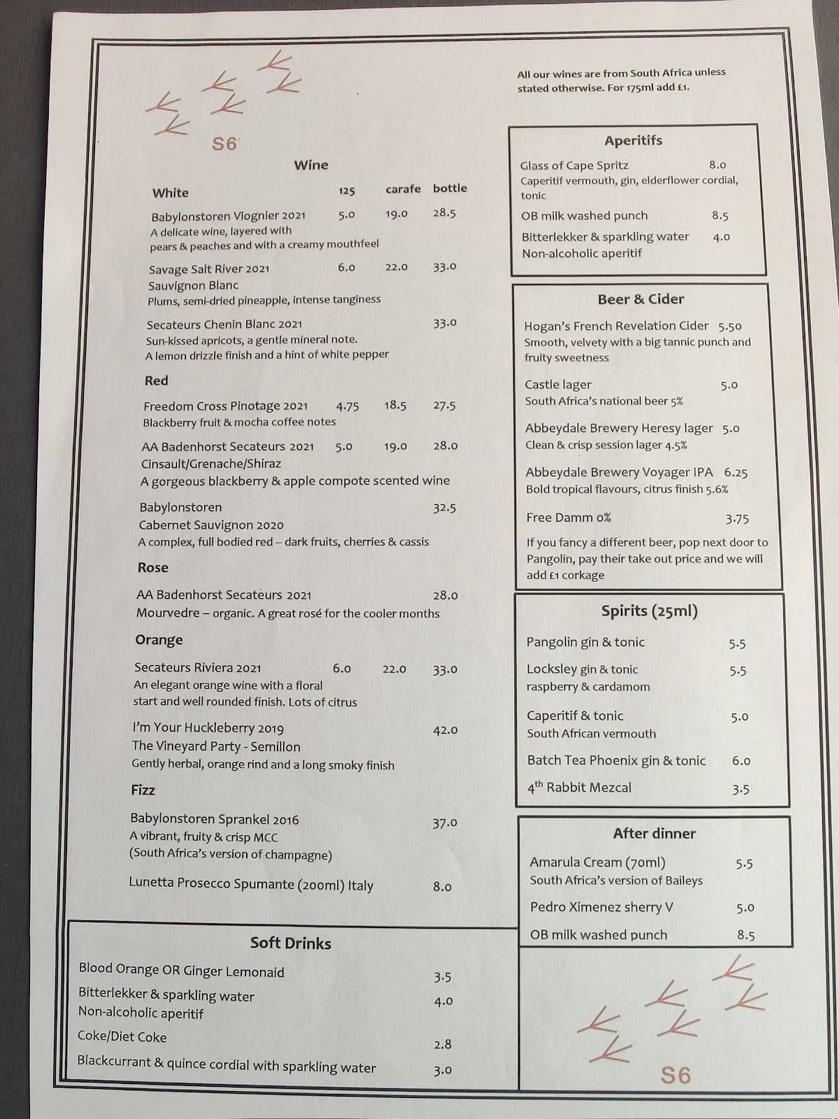 Menu at the Orange Bird restaurant, Sheffield