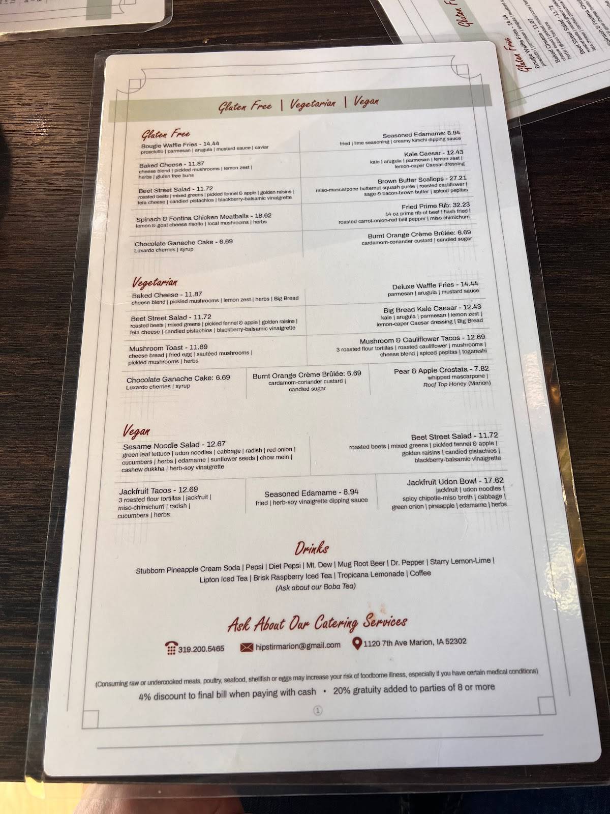 Menu at the hip-stir pub & bar, Marion