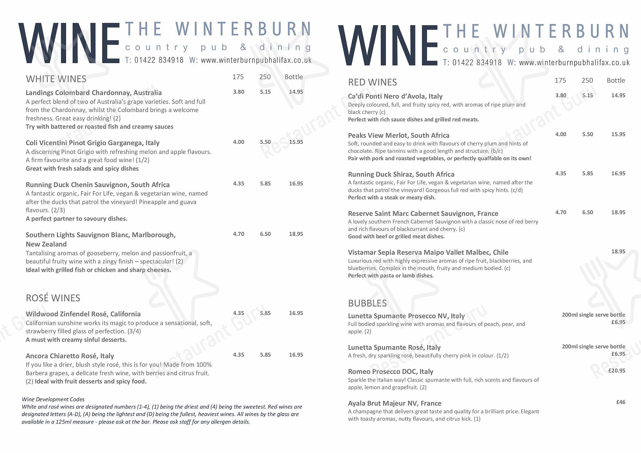 Menu at The Winterburn pub & bar, Halifax