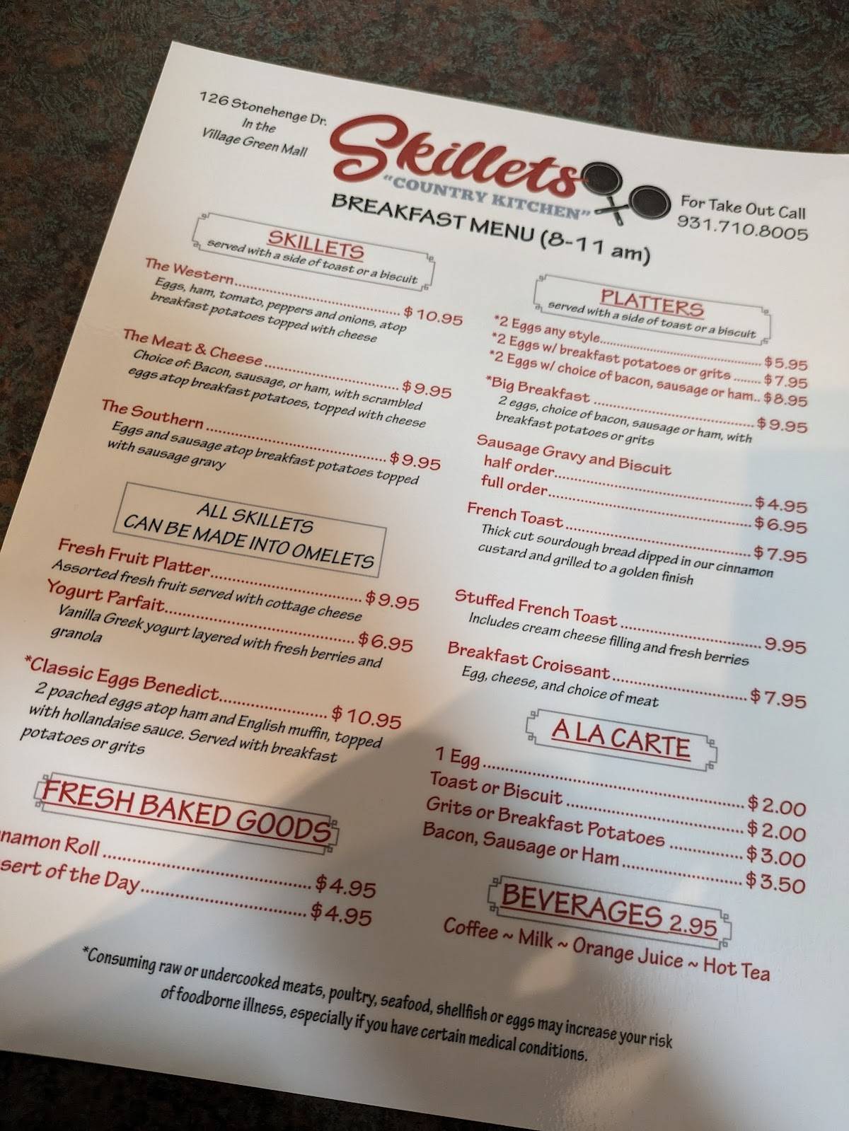 Menu at Skillets Country Kitchen restaurant, Fairfield Glade