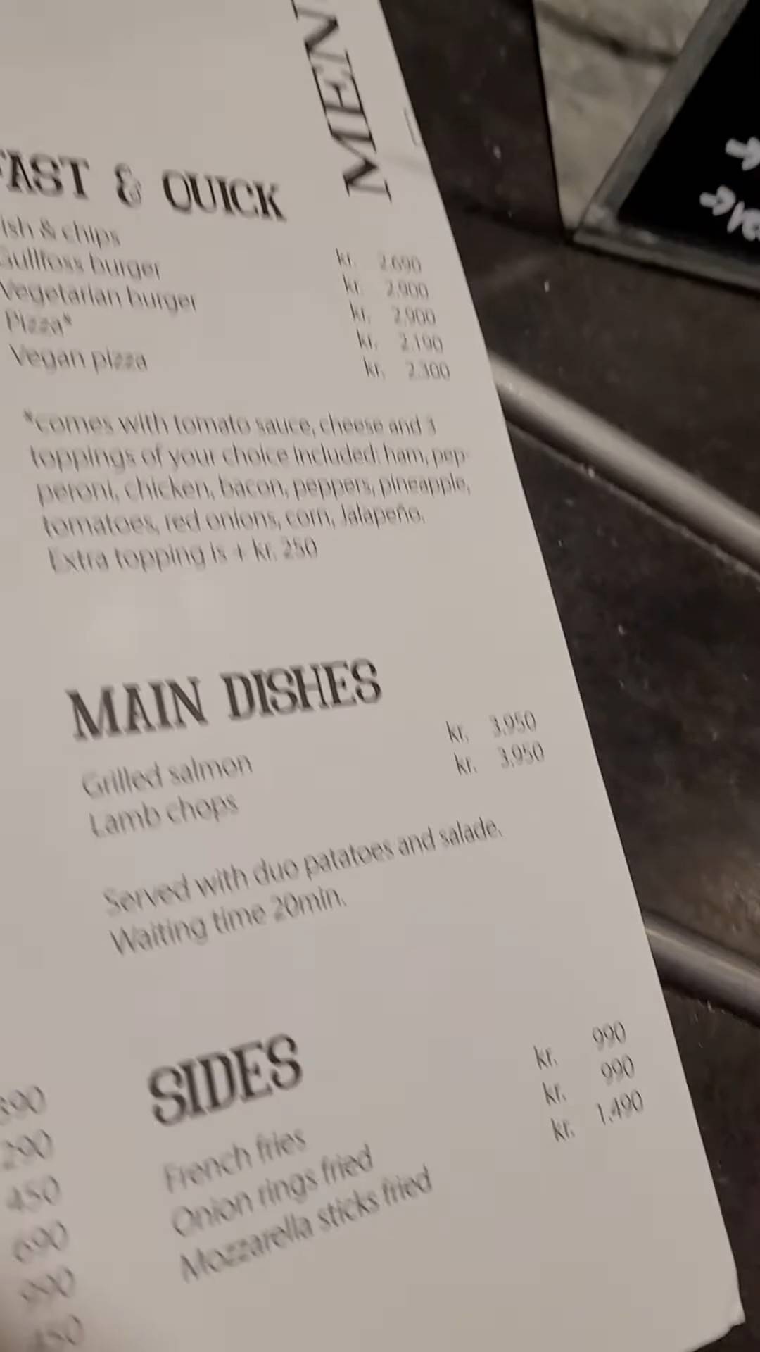 Carta de Gullfoss - Panorama Restaurant - Cafe - Shop, Islandia