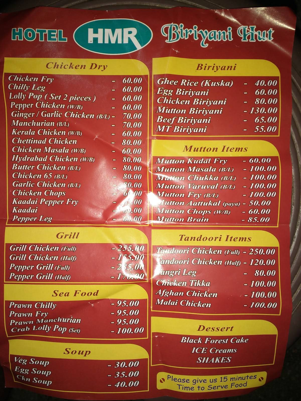Menu at HMR BIRIYANI HUT RAMANATHARUM, India, 890