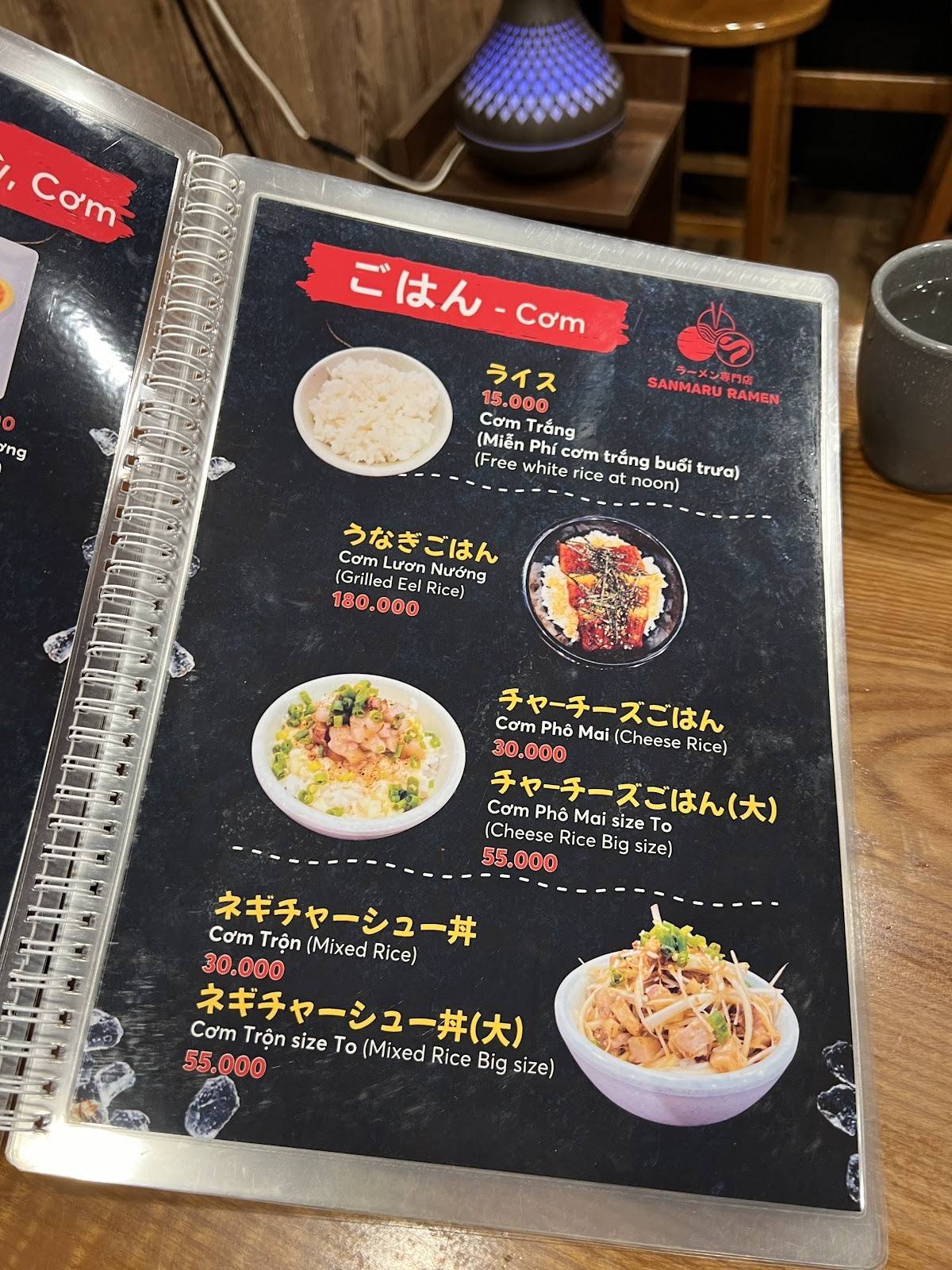 Menu at Sanmaru Ramen restaurant, Hanoi