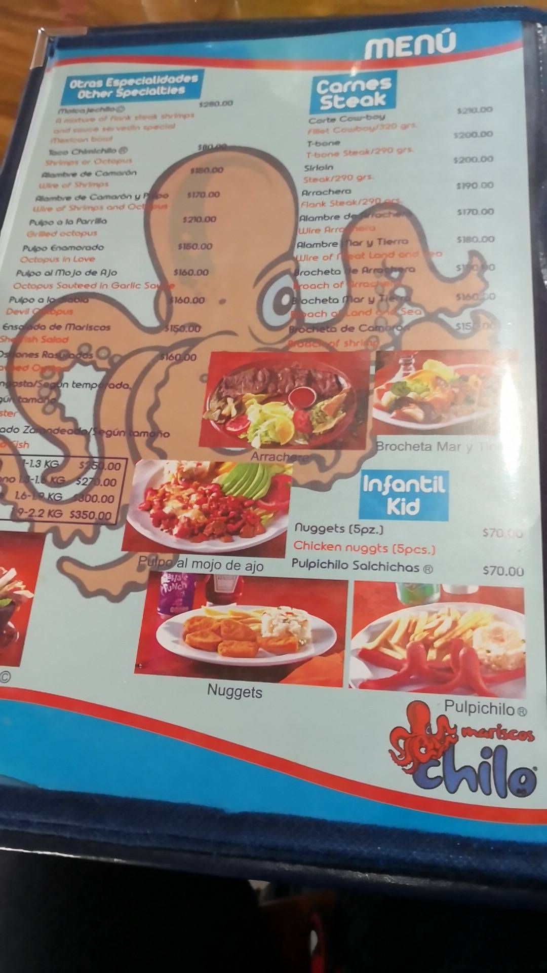 Carta del restaurante Mariscos Chilo Palapa, Mexico, Carretera