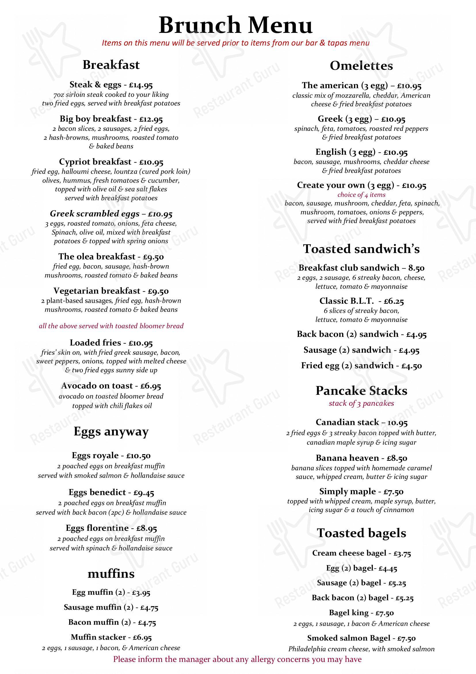 Menu at Olea restaurant, Weston-super-Mare