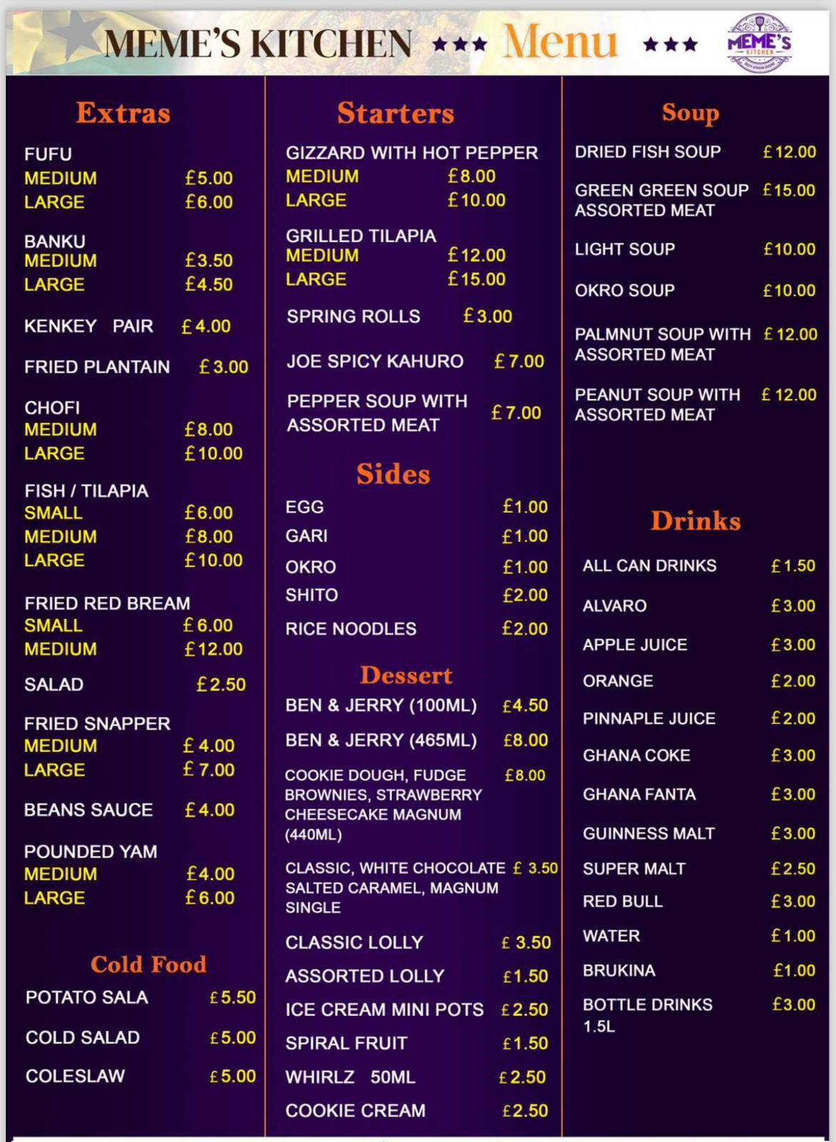 Menu at The Meme's Kitchen restaurant, Reading