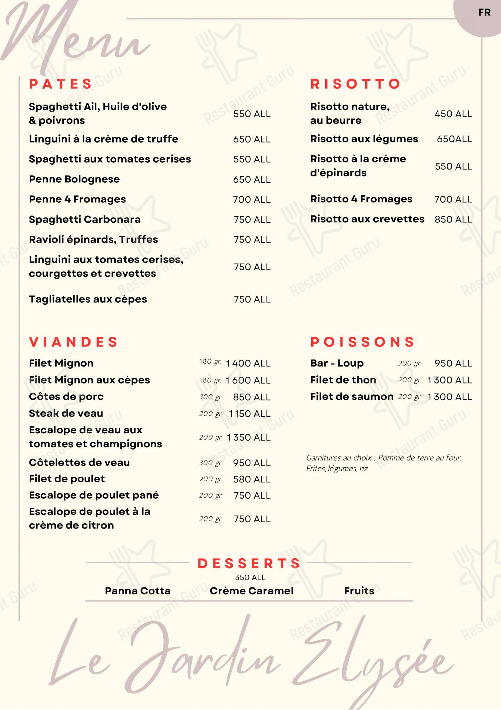 Menu at Restaurant Le Jardin Elysée, Tirana