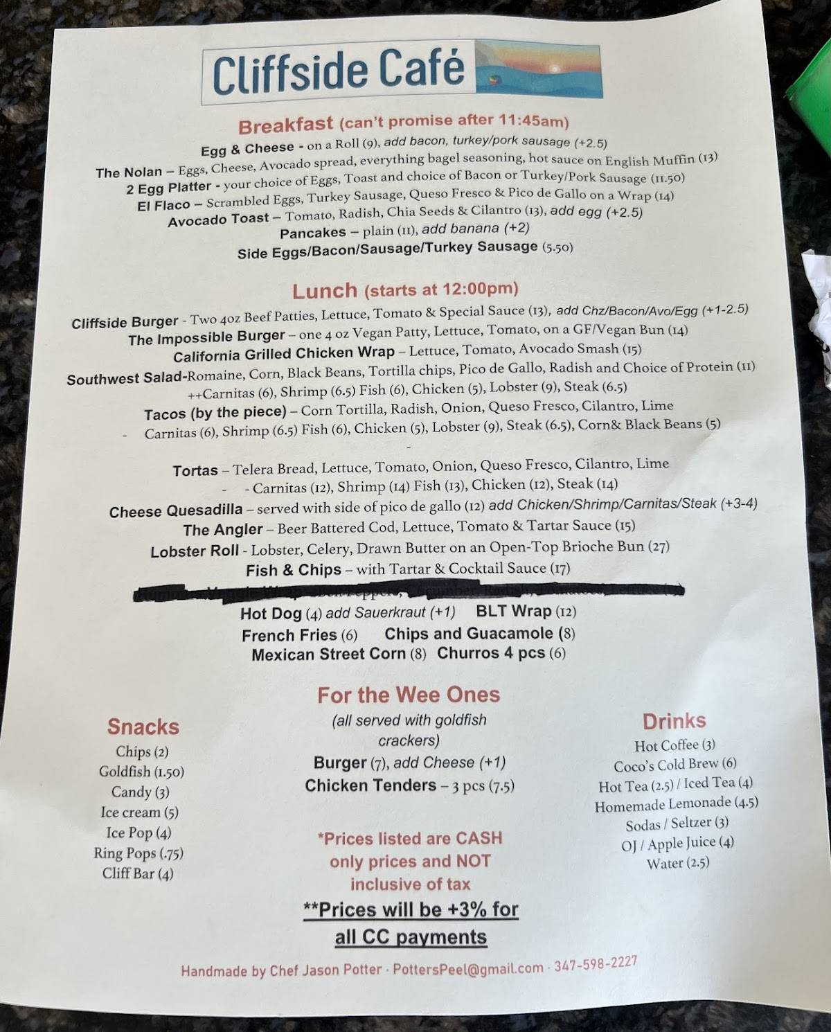 Menu at Cliffside Cafe, Sea Cliff